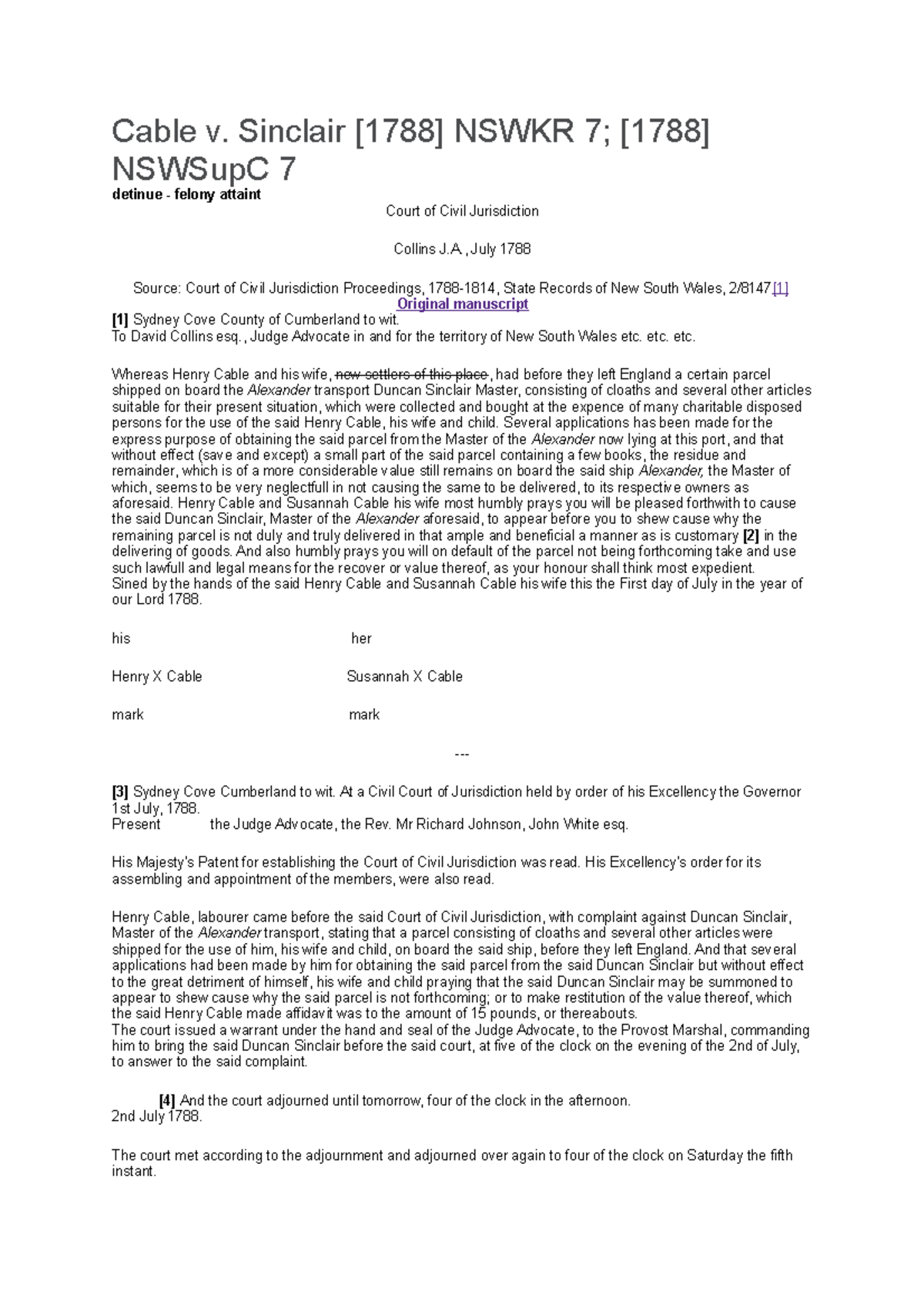 The Kable case - Cable v. Sinclair [1788] NSWKR 7; [1788] NSWSupC 7 ...