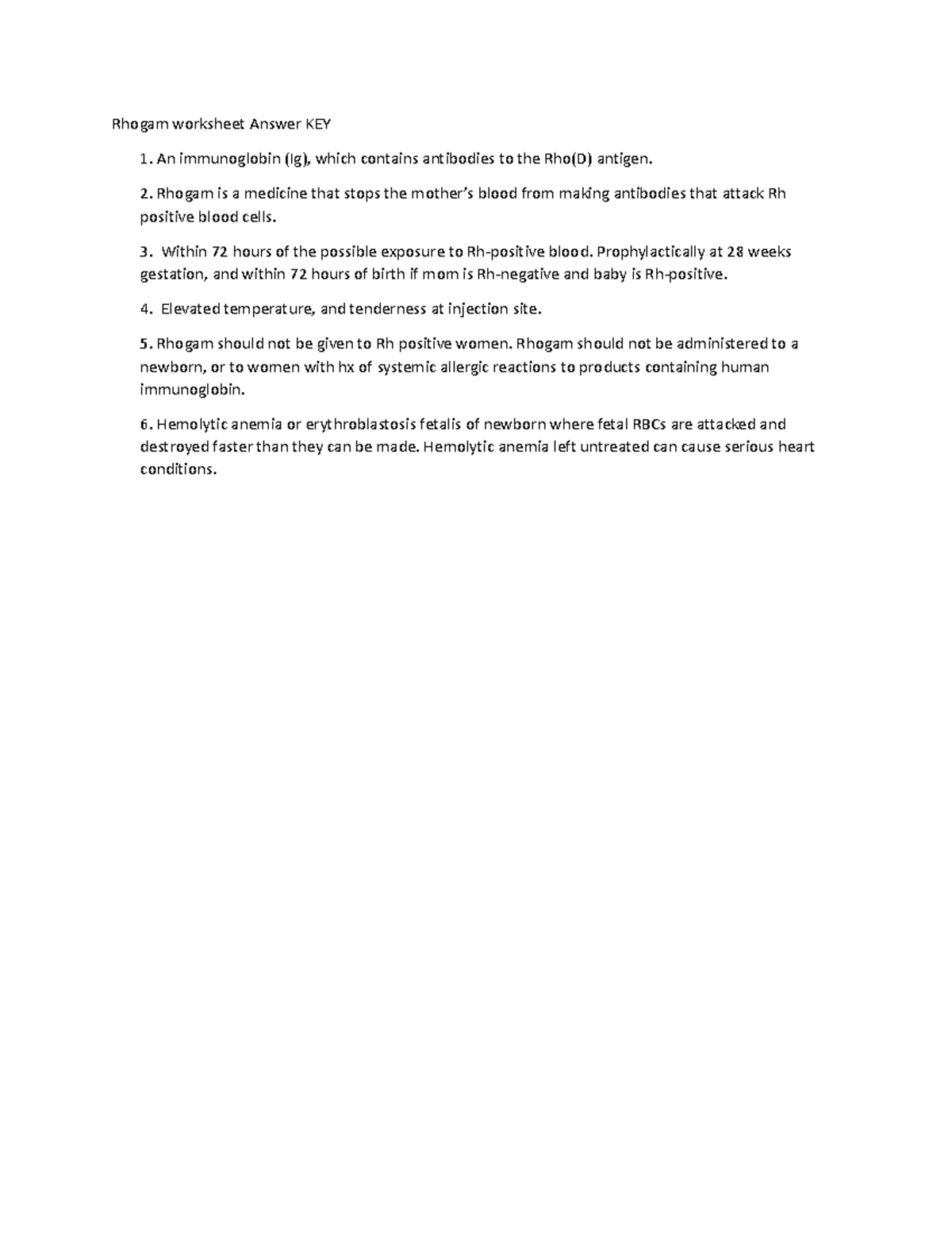 Rho GAM Answer KEY - Rh neg blood - Rhogam worksheet Answer KEY An ...