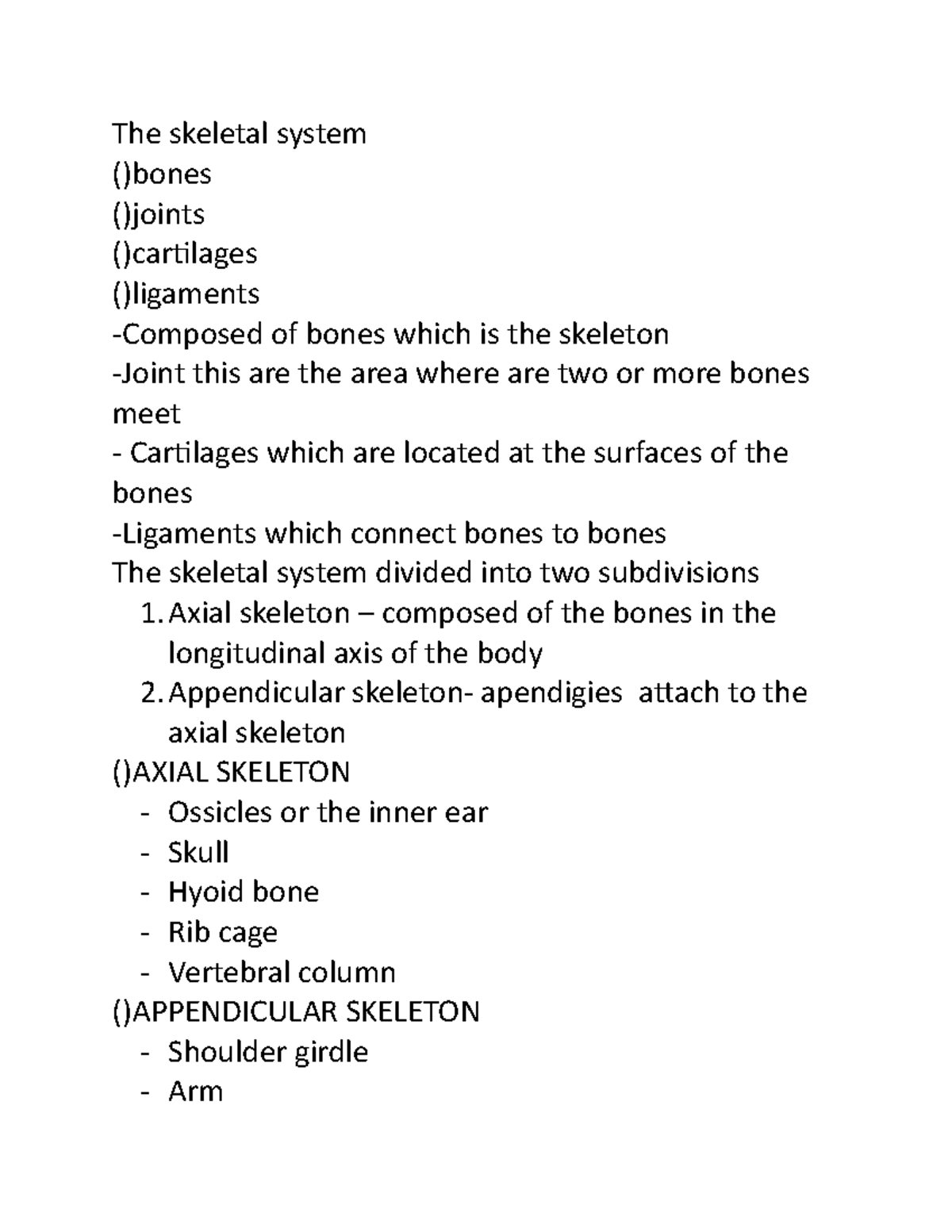 Anatomy Skeletal Notes copy - The skeletal system ()bones ()joints ...
