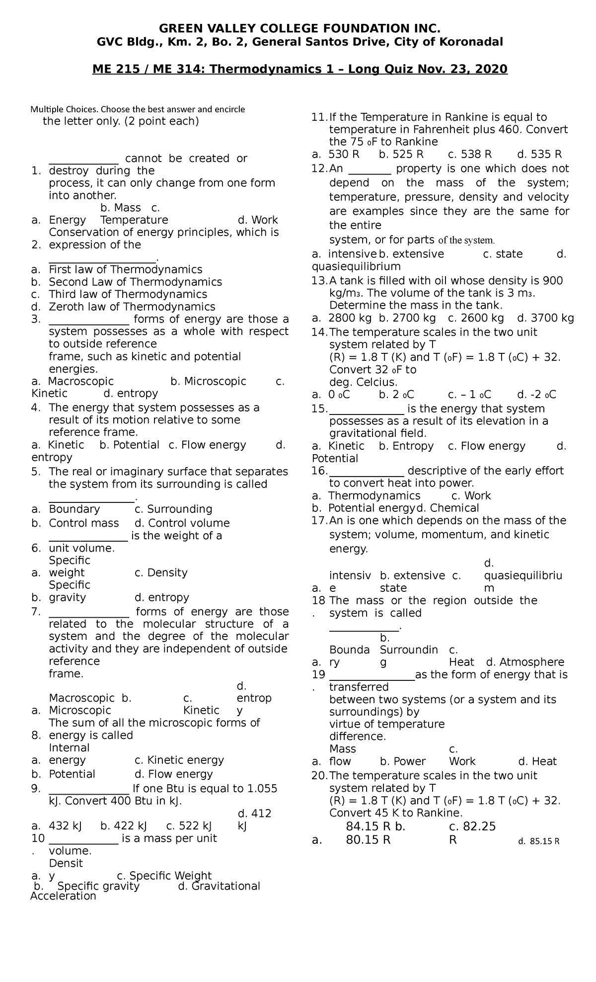 Long Quiz Nov 23 , 2020 T1 - GREEN VALLEY COLLEGE FOUNDATION INC. GVC ...
