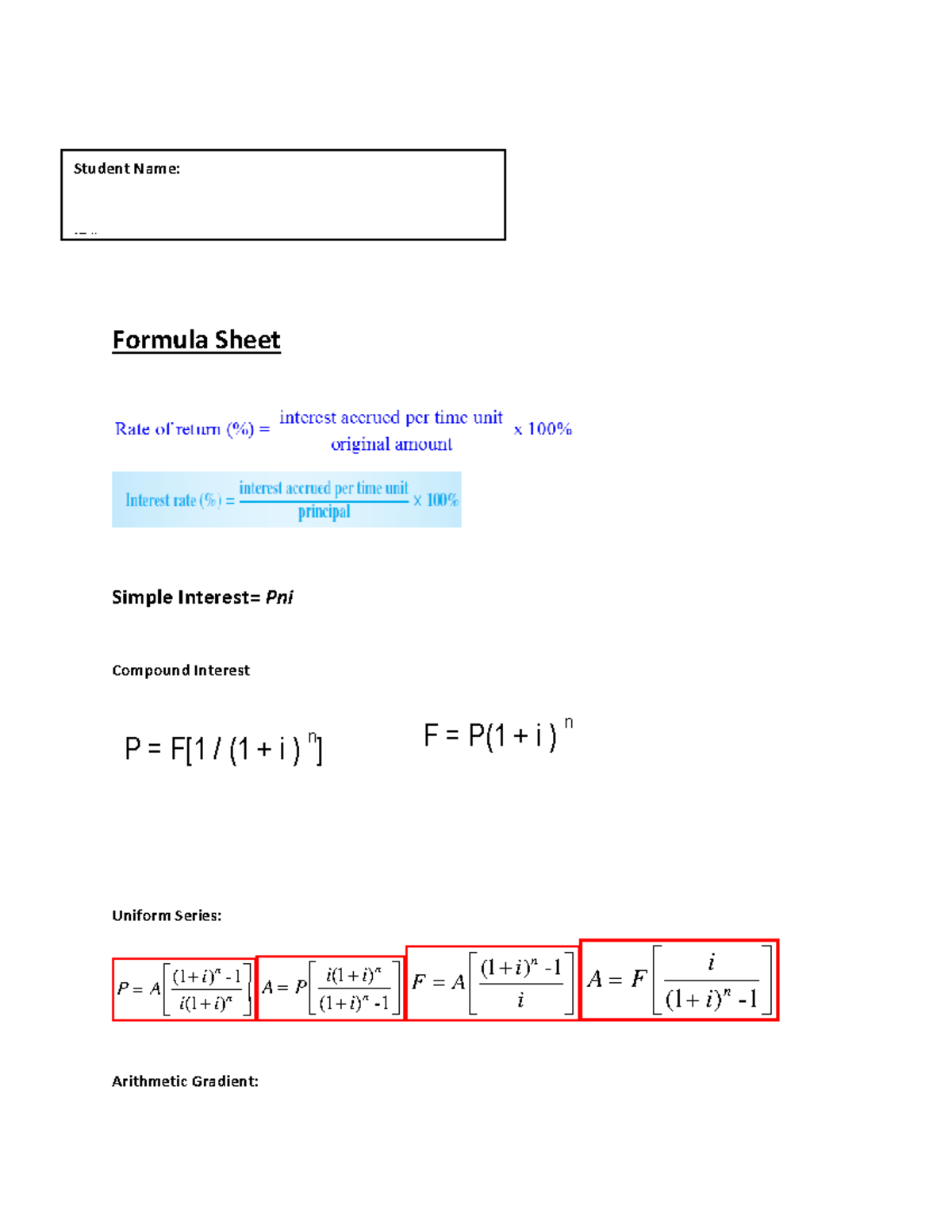 20 Formula Sheet Final - Formula Sheet ####### Simple Interest= P ni ...