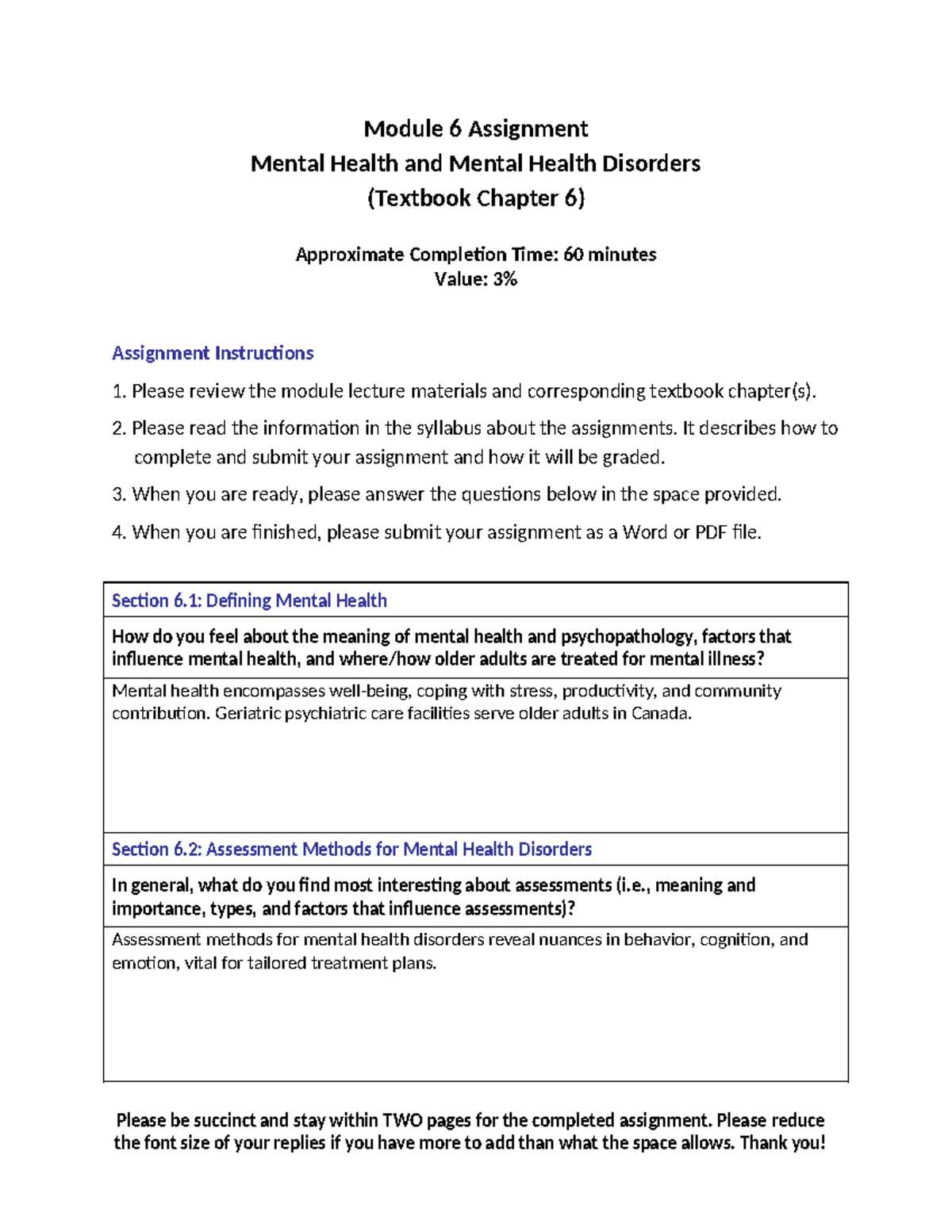 Module 6 Assignment - Module 6 Assignment Mental Health and Mental Health Disorders (Textbook ...