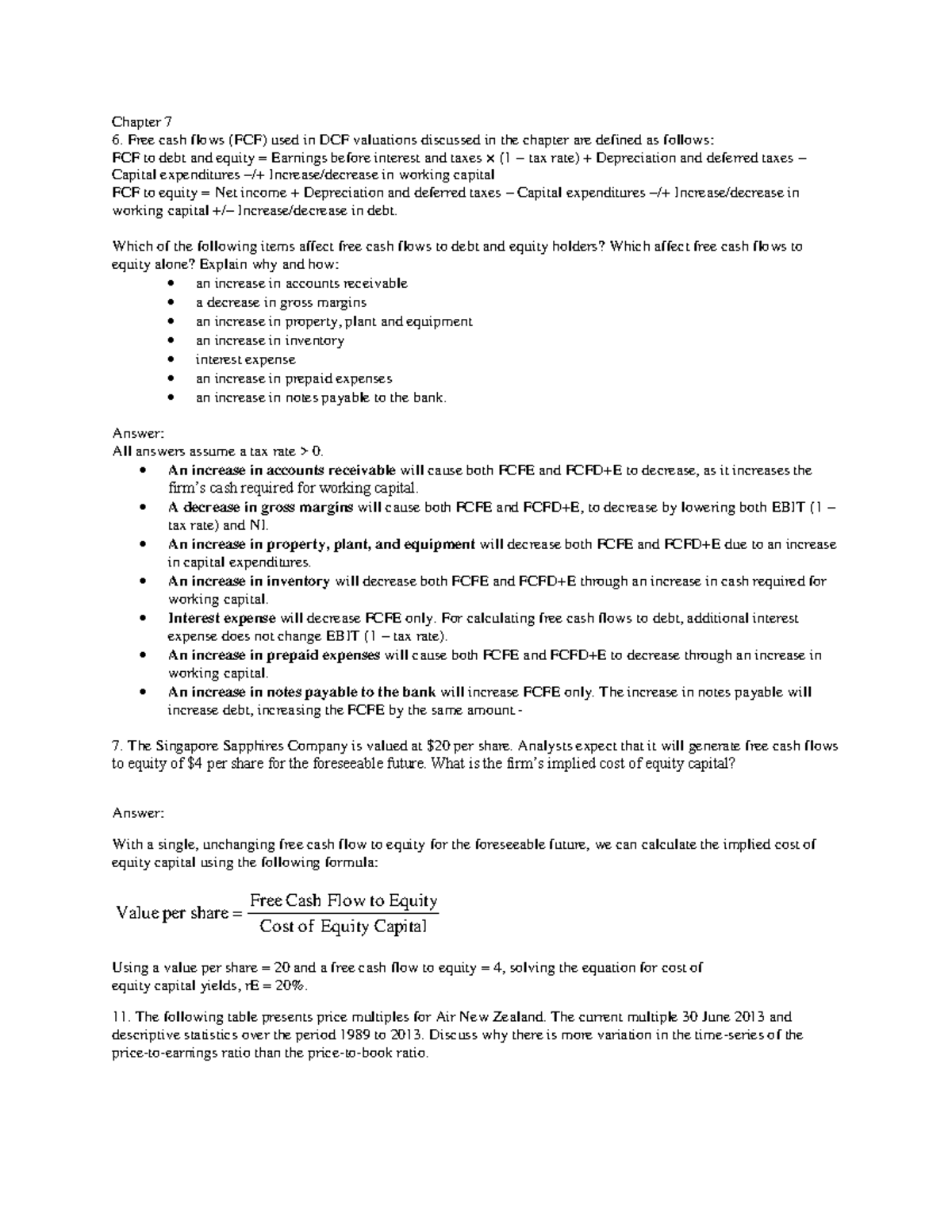 Ch 7 Answers - tutorial answer - Chapter 7 6. Free cash flows (FCF ...