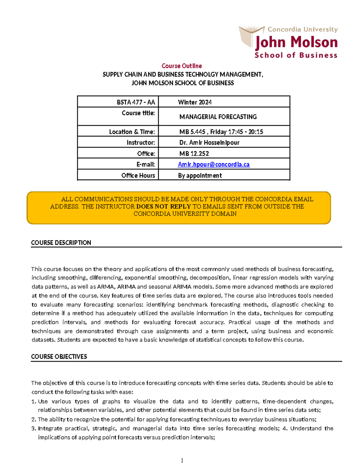 Winter 2024 - BSTA 477 AA Course Outline - AH - Course Outline SUPPLY ...
