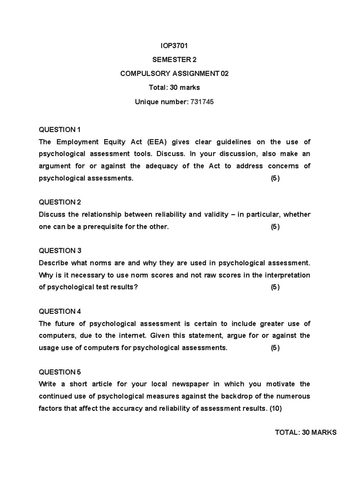 IOP3701 SEM 2 Assignment 2 - IOP SEMESTER 2 COMPULSORY ASSIGNMENT 02 Total: 30 marks Unique ...