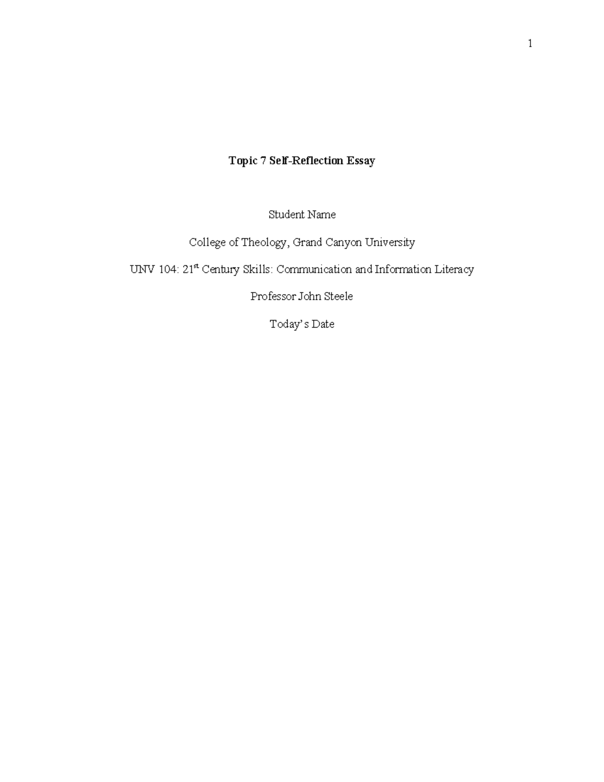 Topic 7 Self- Reflection Essay Example - Topic 7 Self-Reflection Essay ...