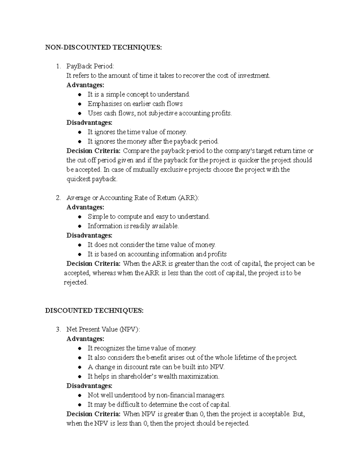 FM Chapter 1 Notes NON DISCOUNTED TECHNIQUES PayBack Period It