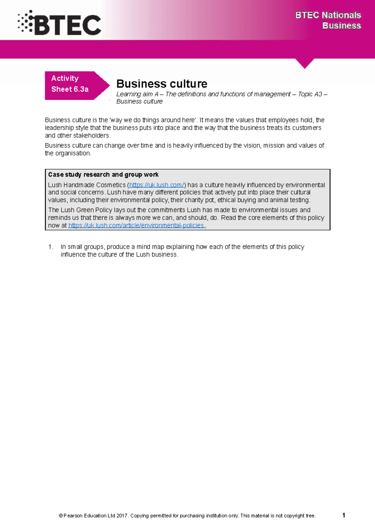Btec business 2016 as 6 3a - Business culture Learning aim A – The ...