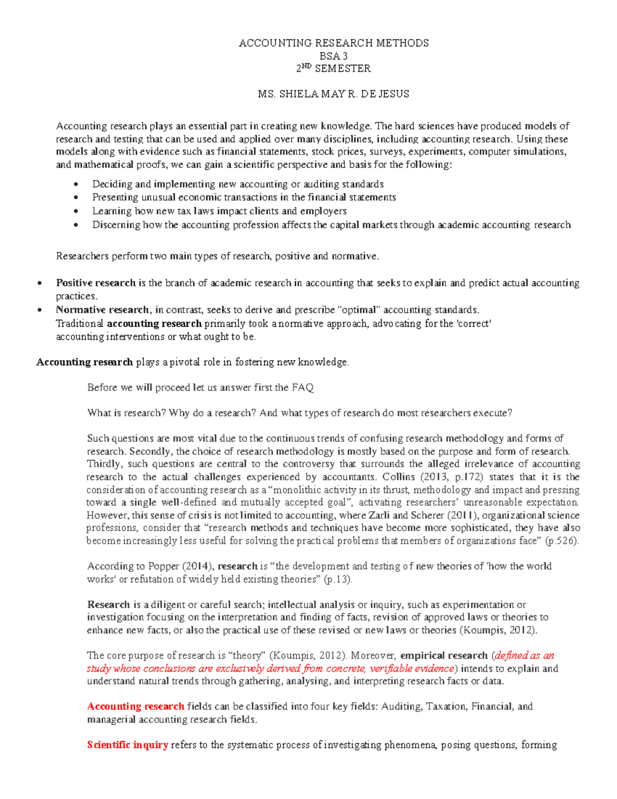 Accounting Research Methods Notes - ACCOUNTING RESEARCH METHODS BSA 3 2 ...