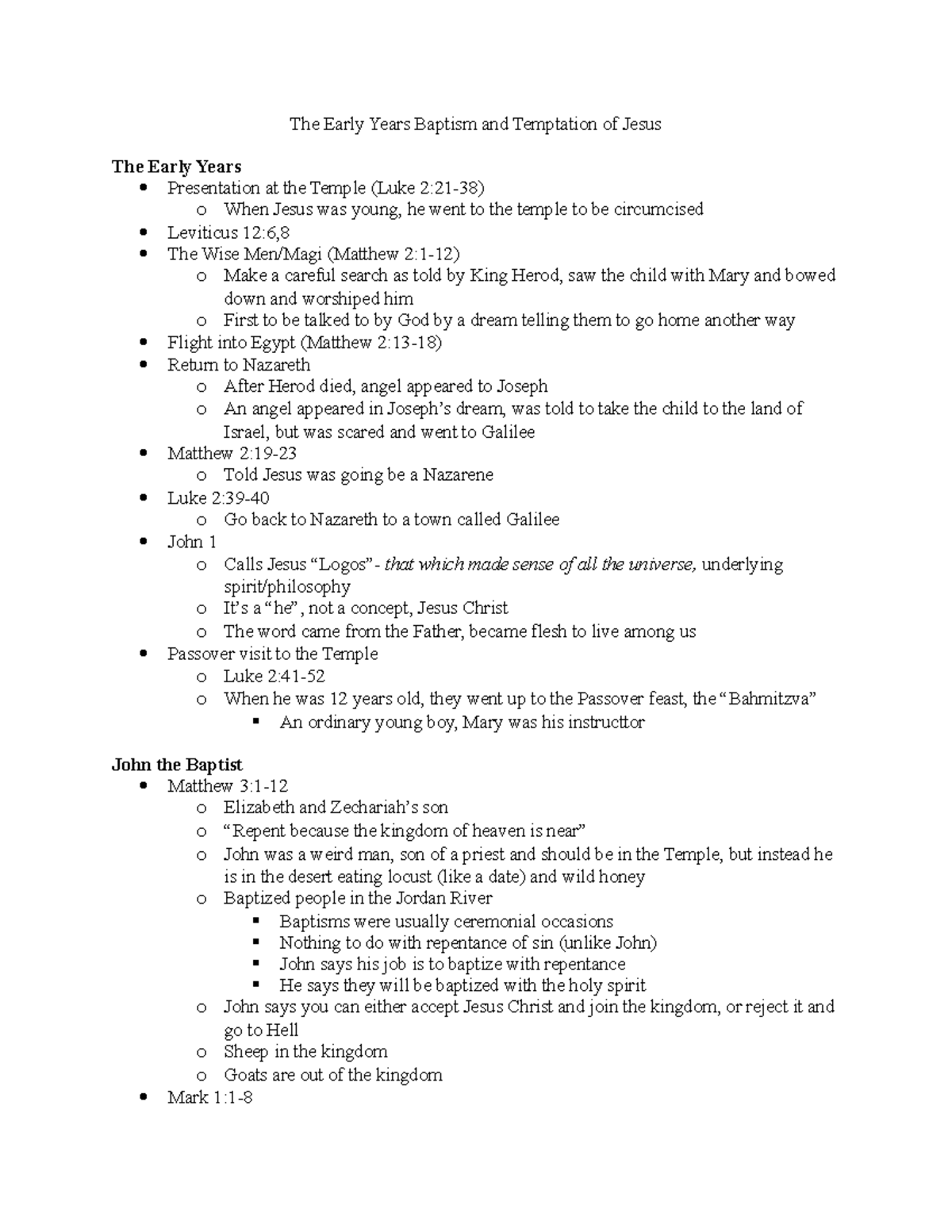 The Early Years Baptism and Temptation of Jesus 6 - Studocu