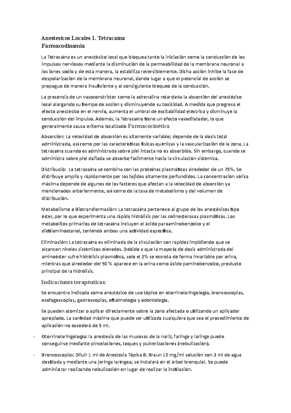 Anestesicos locales DEXO - Anestesicos Locales 1. Tetracaína ...