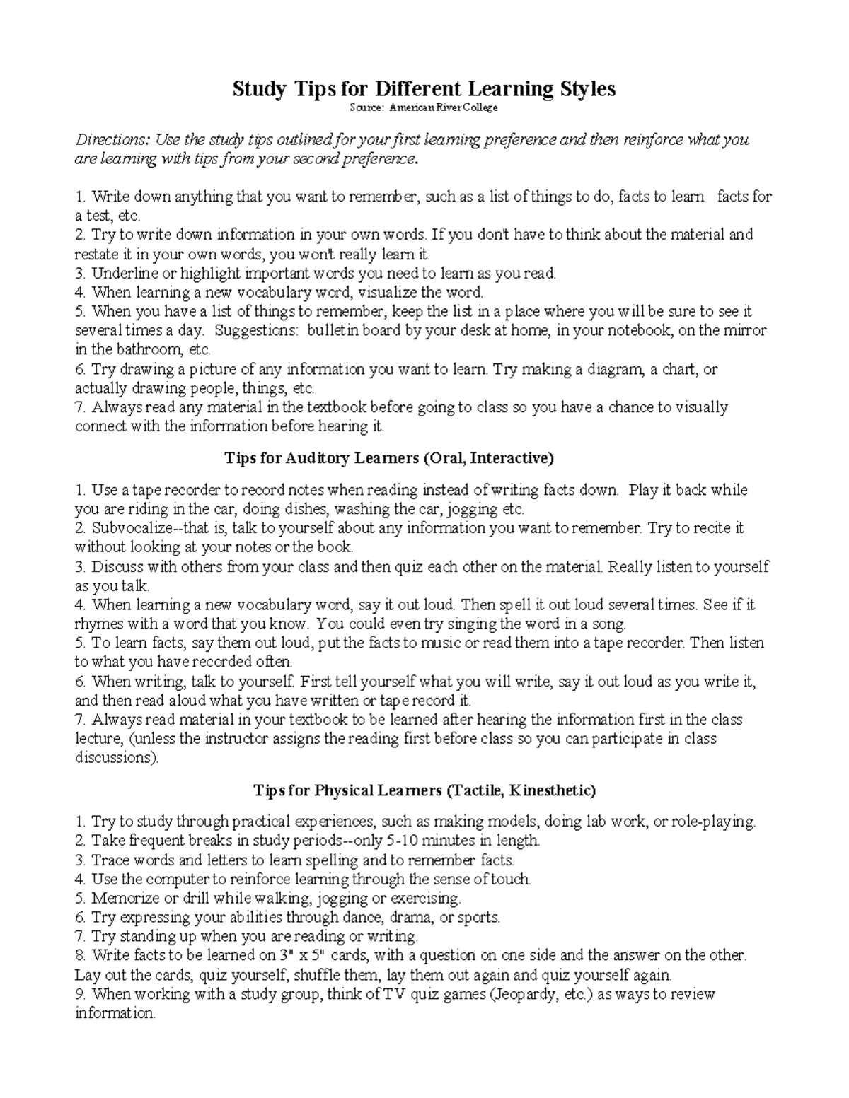 Study Tipsfor Different Learning Styles - Study Tips for Different ...