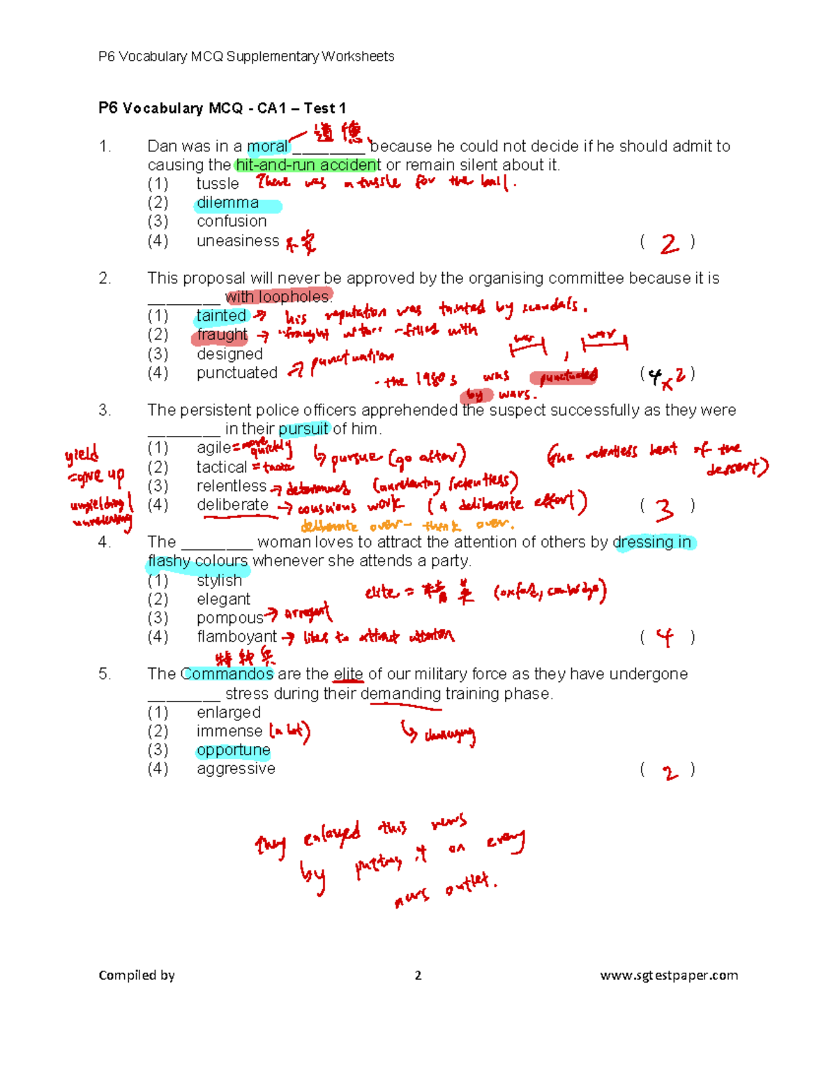 P6 English CA1 Vocabulary MCQ Supplementary Worksheets - P6 Vocabulary ...