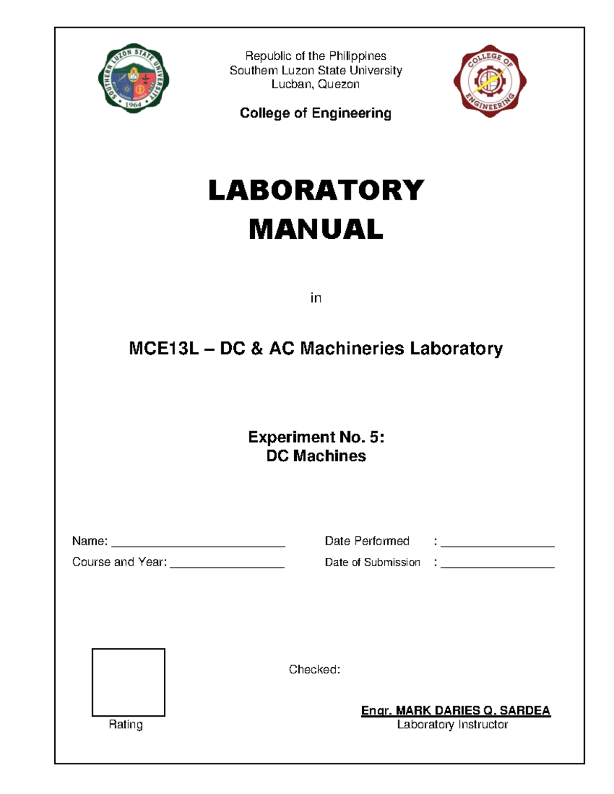 Experiment No. 5 DC Machines - Republic of the Philippines Southern ...