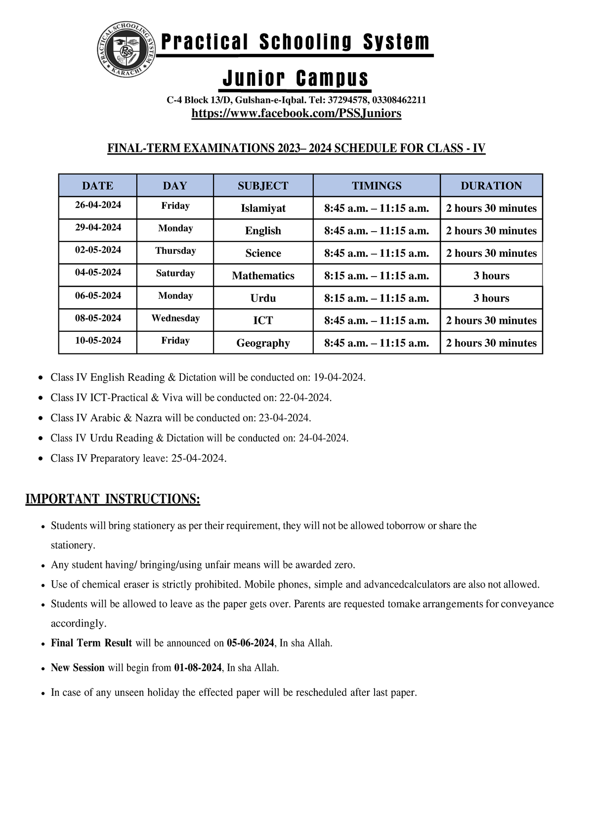 Final Term Exam Schedule IV & V - Practical Schooling System Junior ...