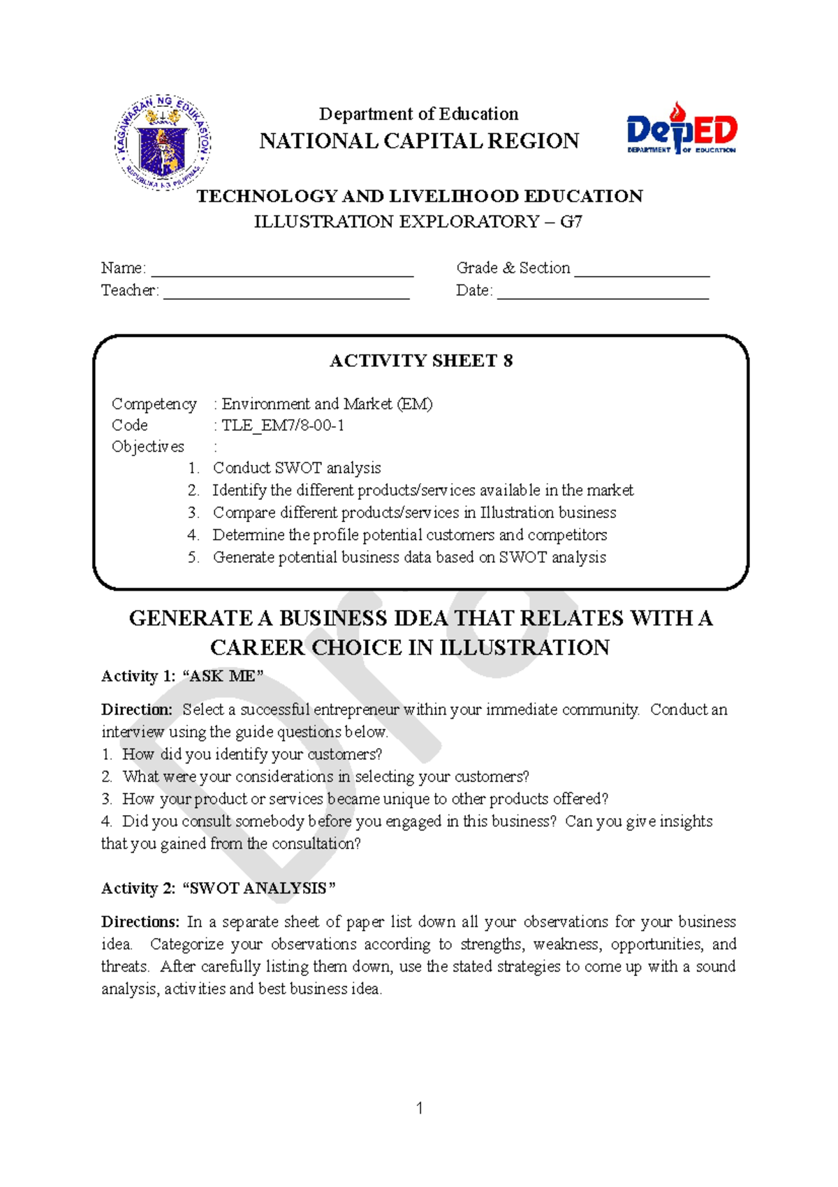 Activity Sheet Illustration Grades 7 Lesson 8 - Department of Education ...
