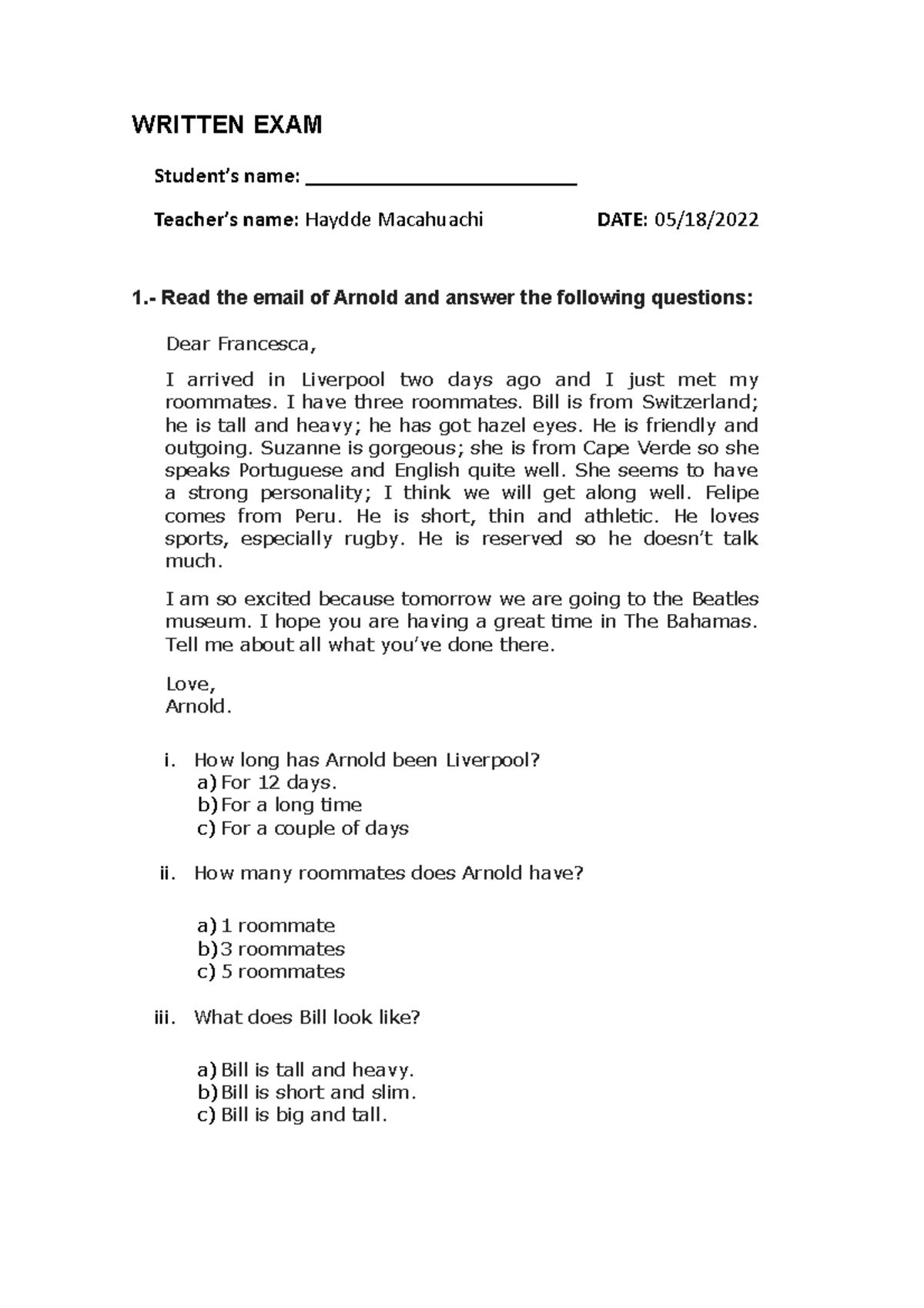 Written EXAM 02 - EXAM - WRITTEN EXAM Student’s name ...