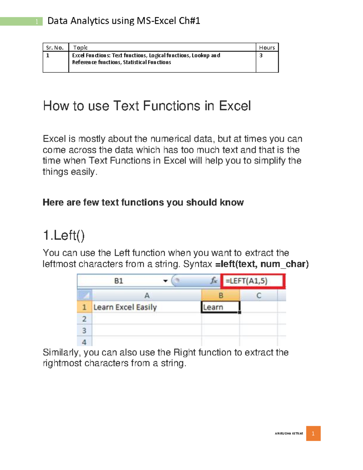 MS-Excel - College notes - Sr. No. Topic Hours 1 Excel Functions: Text ...