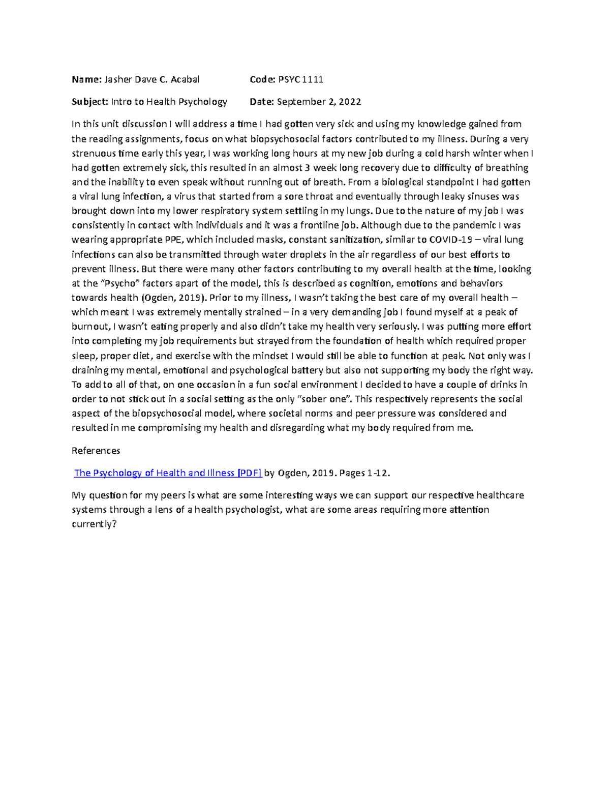 Health Psychology Unit 1 -Drafted Essay (14) - Name: Jasher Dave C ...
