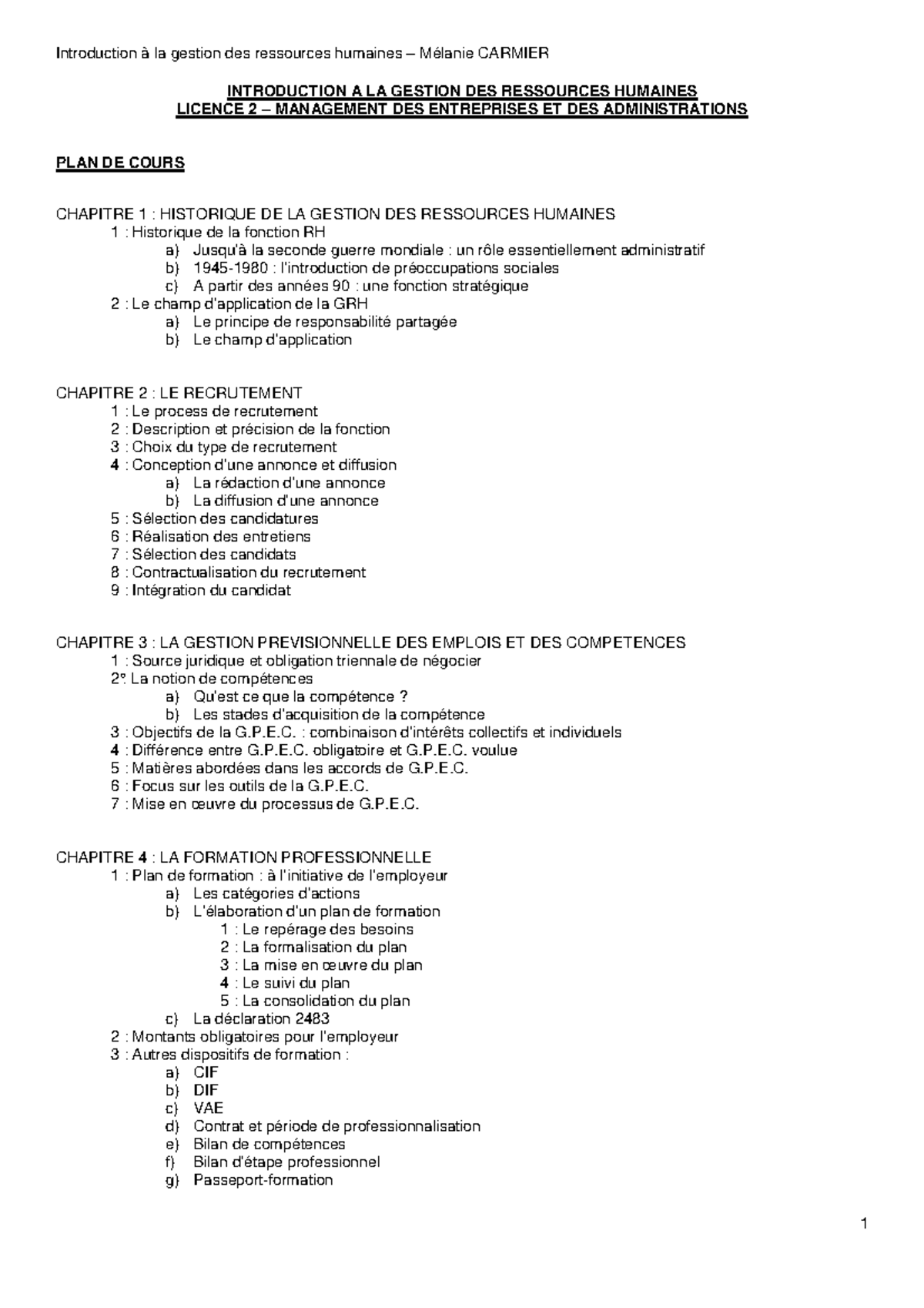 Plan du cours - Introduction à la gestion des ressources humaines ...