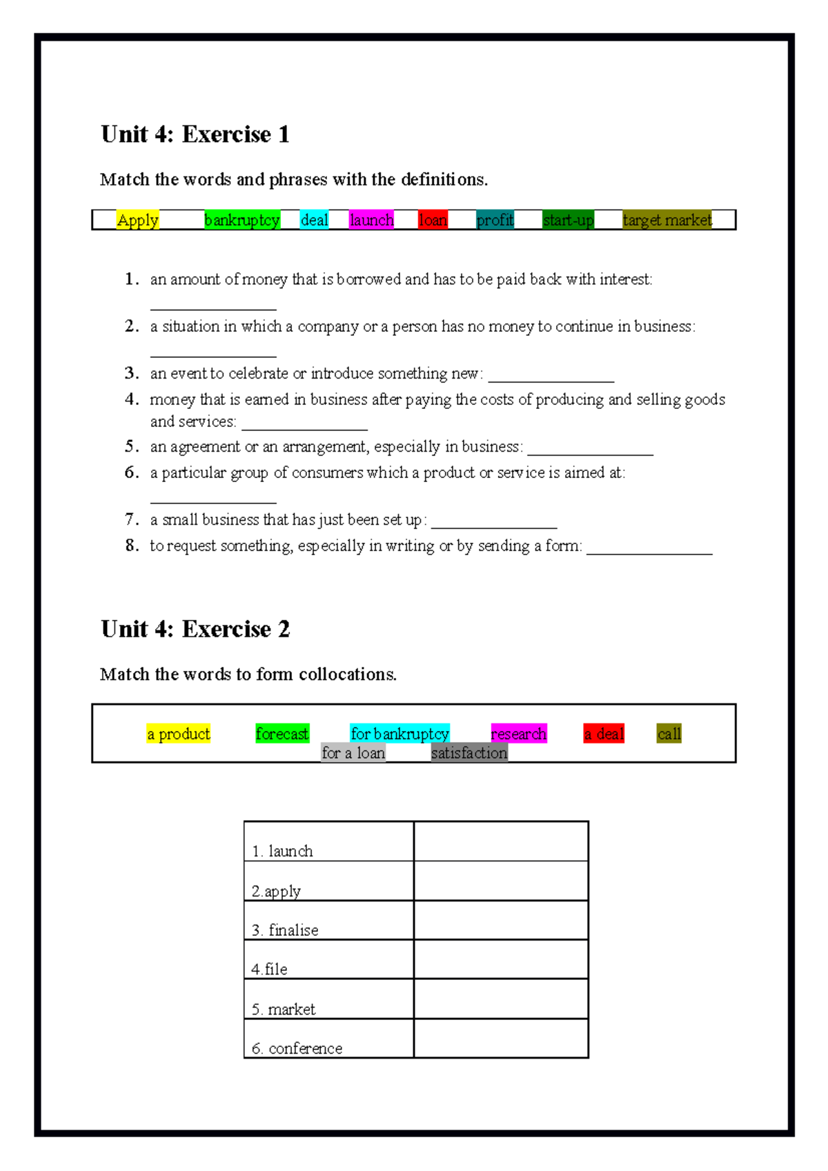 Unit 4 - Grammar Vocabulary - Unit 4: Exercise 1 Match the words and ...