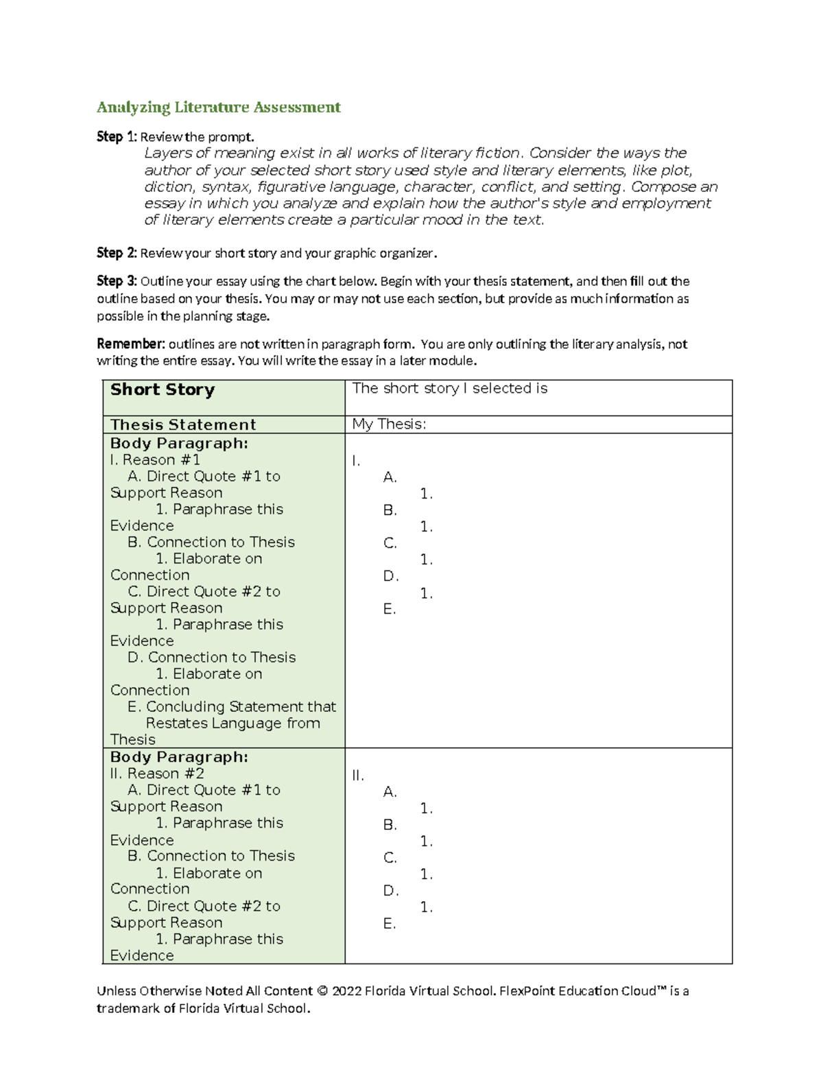 Analyzing literature assess rubric - Analyzing Literature Assessment ...