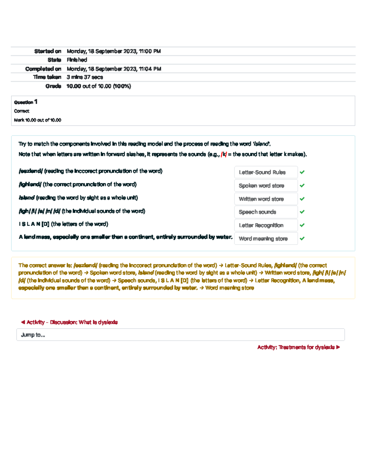 Dyslexia Quiz Attempt review - Started on Monday, 18 September 2023, 11 ...
