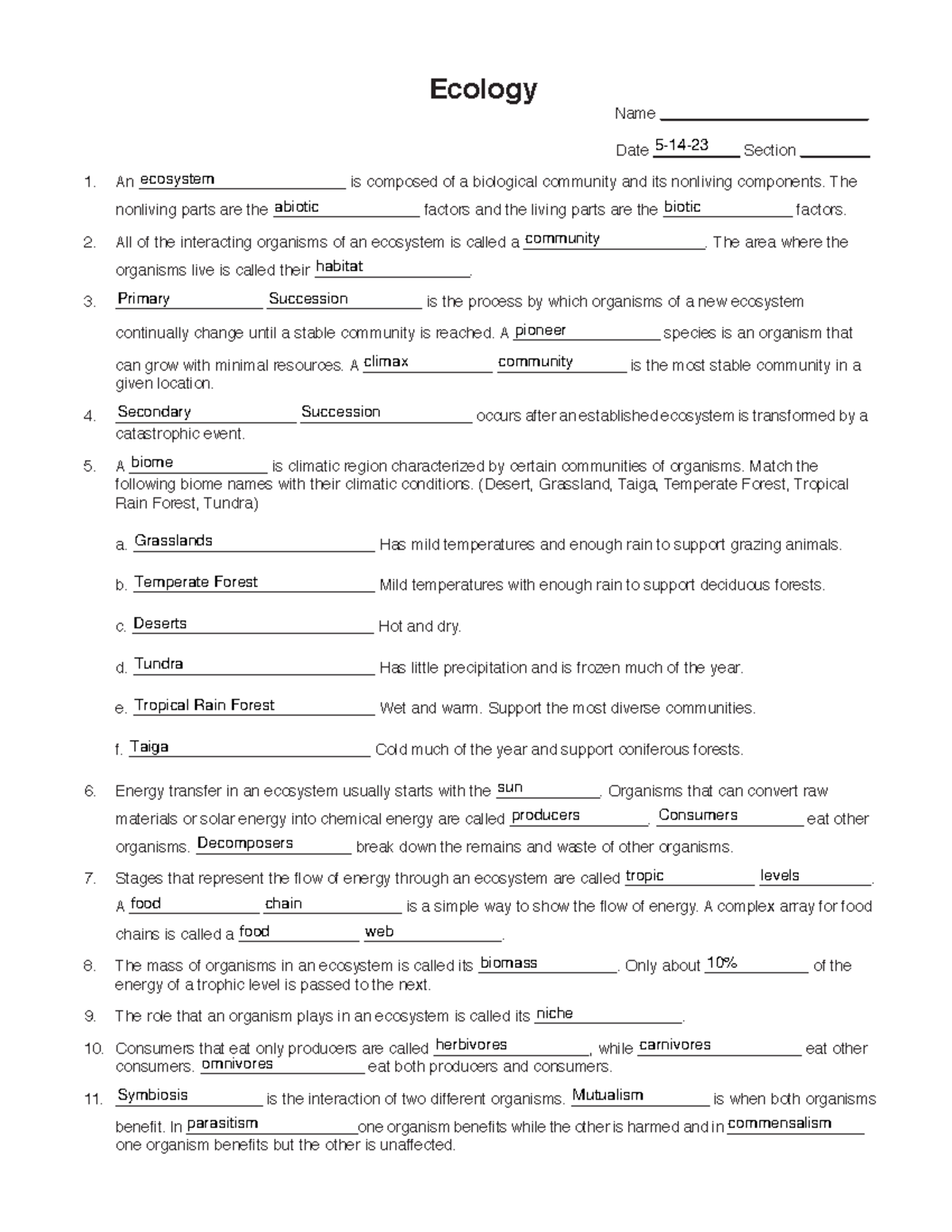 Ecology Worksheet - Ecology Name ________________________ Date ...