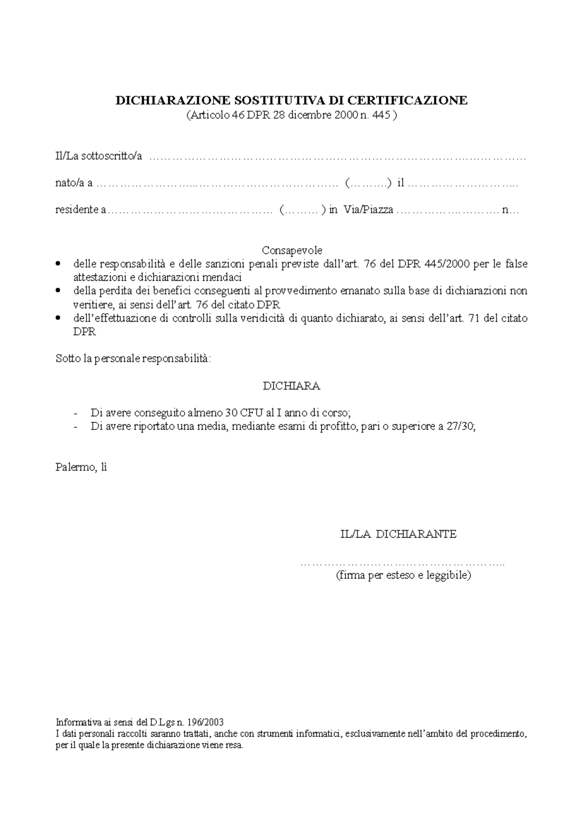 Autocertificazione percorso di eccellenza 2020 - DICHIARAZIONE ...