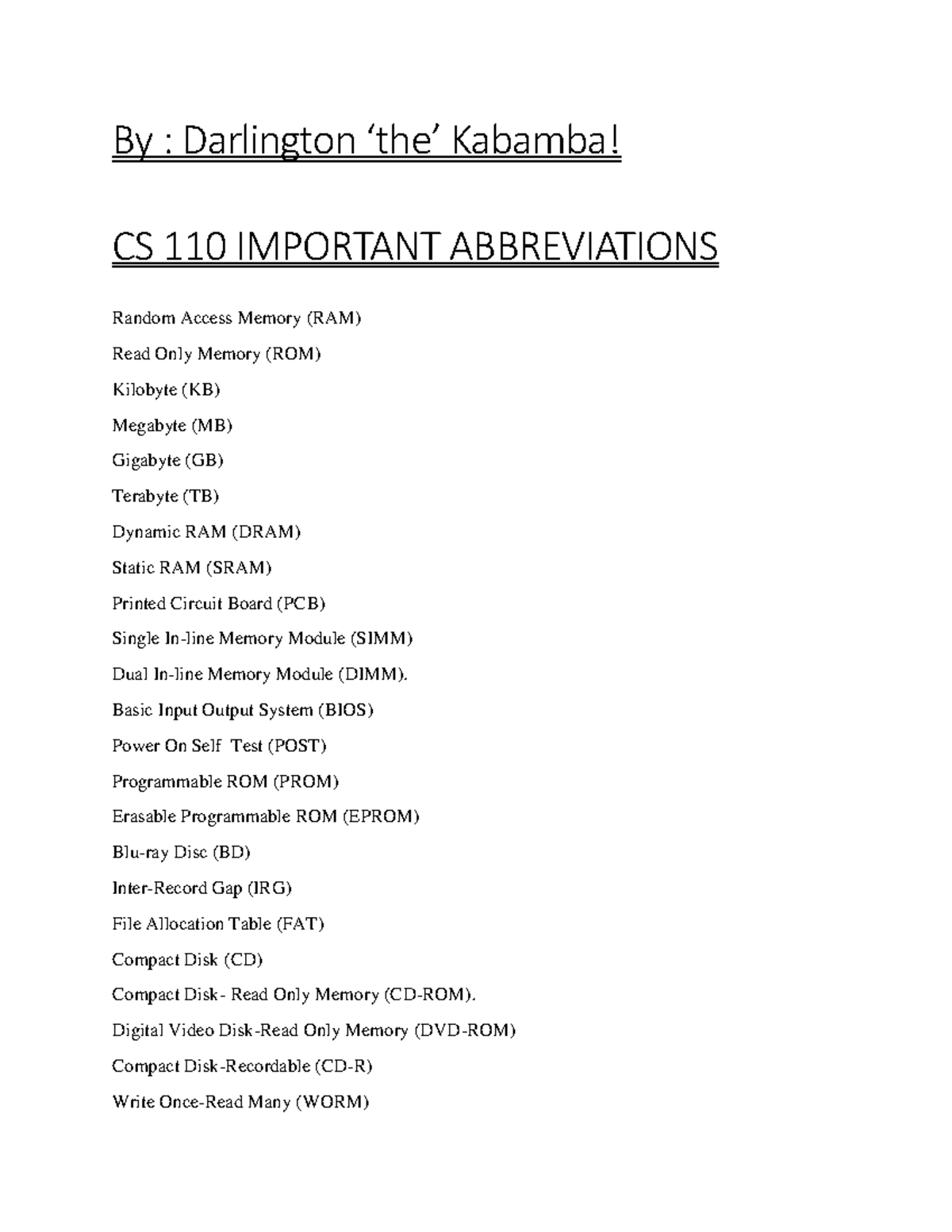 CS 110 Abbreviations - By : Darlington ‘the’ Kabamba! CS 110 IMPORTANT ...