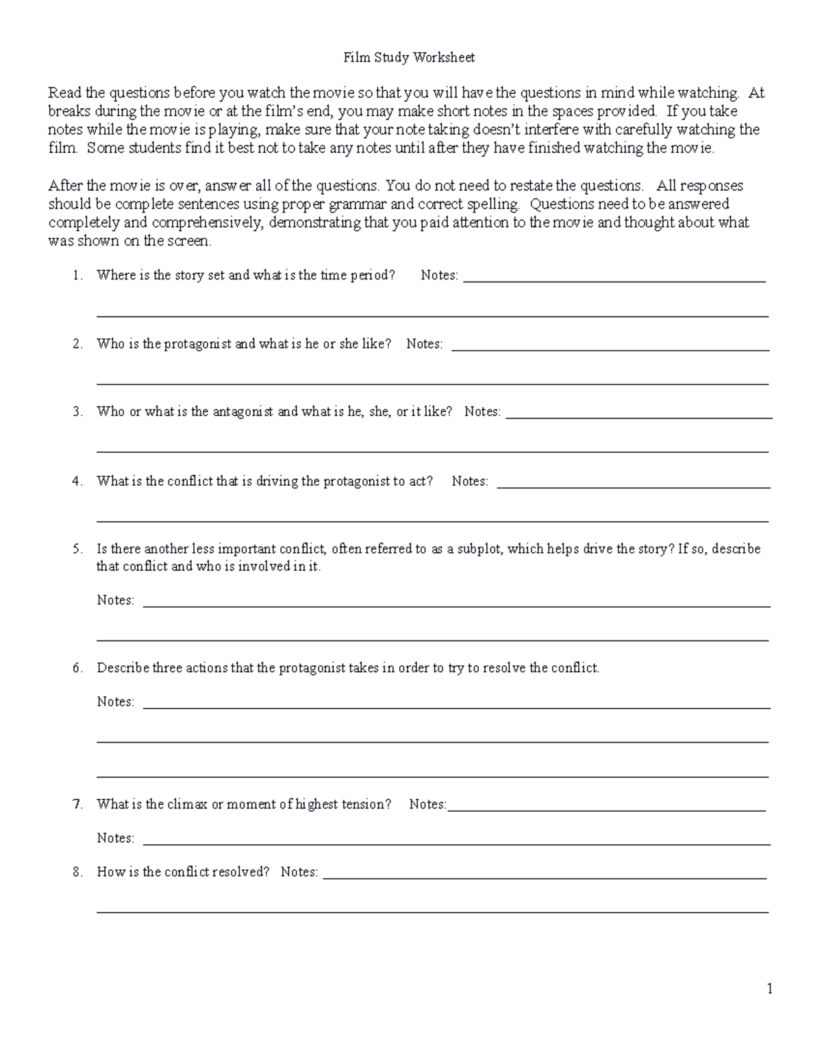Film-study-worksheet Language Arts questions - Film Study Worksheet ...