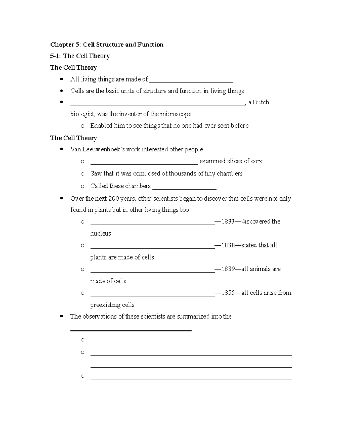 5.1 - 5.3 Guided Notes - 5-1: The Cell Theory The Cell Theory All ...