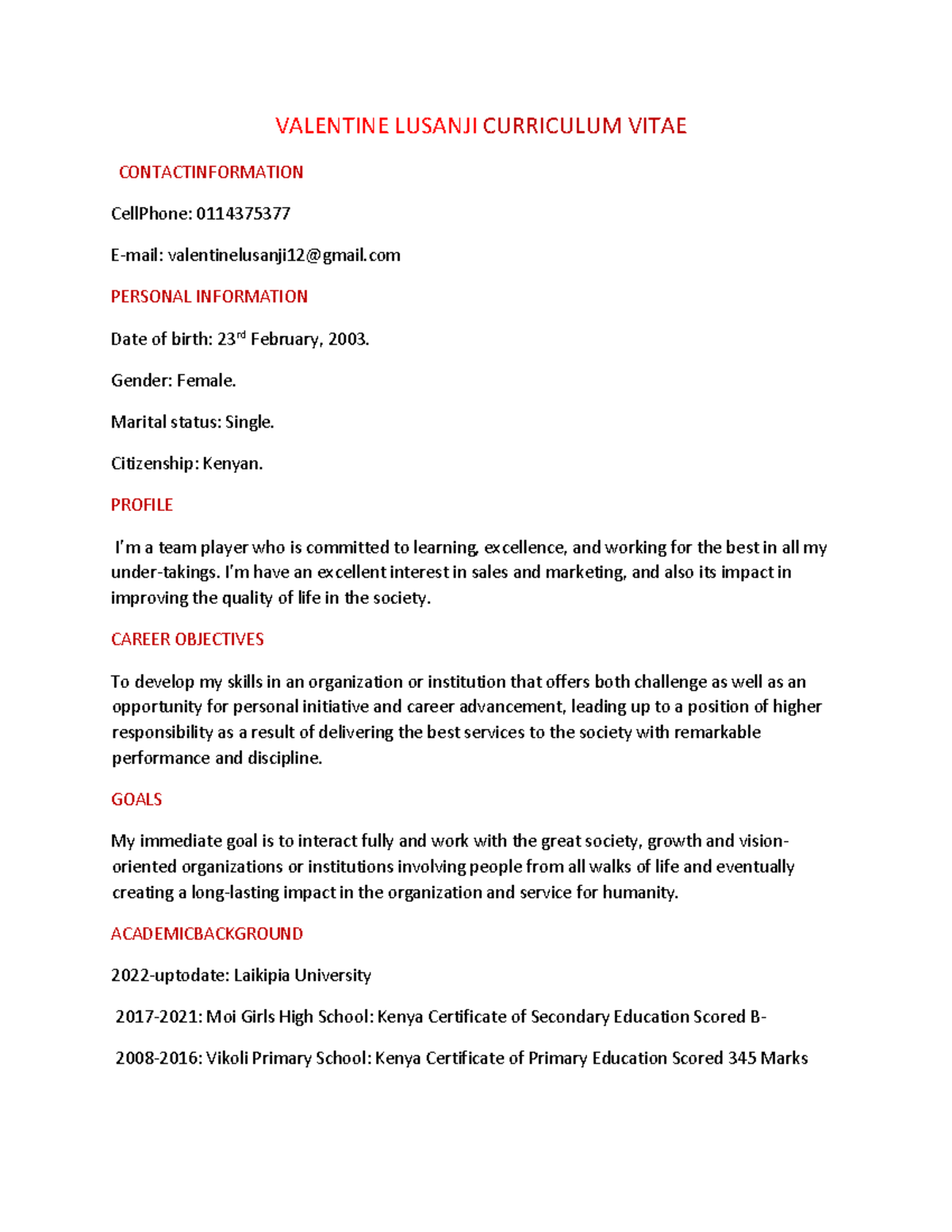 Valentine CV - Very - VALENTINE LUSANJI CURRICULUM VITAE ...