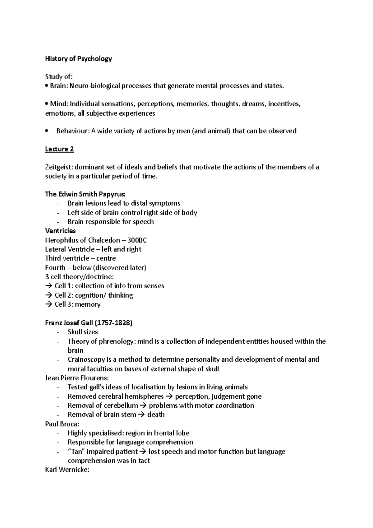 PSCY1001 mid sem notes - History of Psychology Study of: Brain: Neuro ...