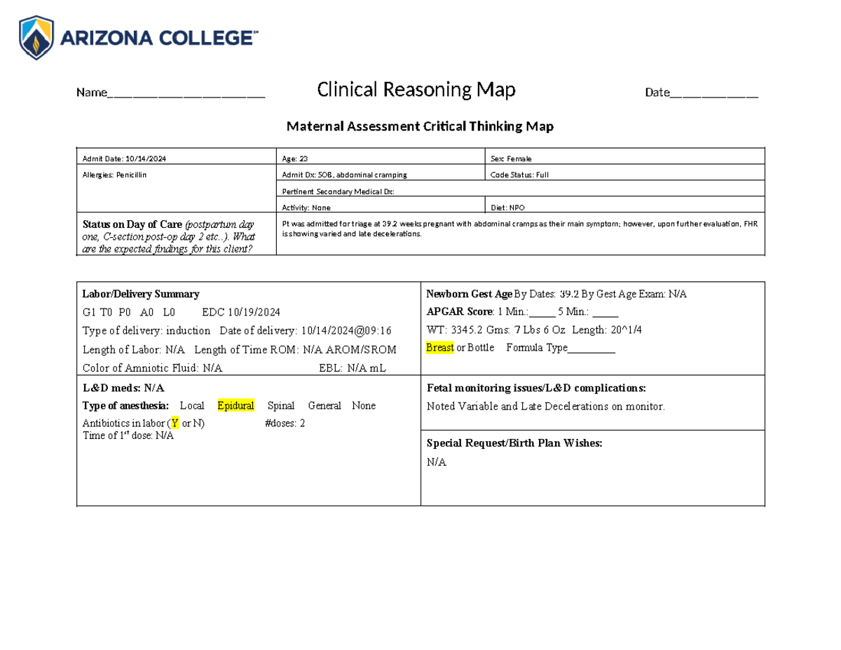 Critical Thinking Map Maternal Assessment Rev. 02.2022-1 - Maternal ...