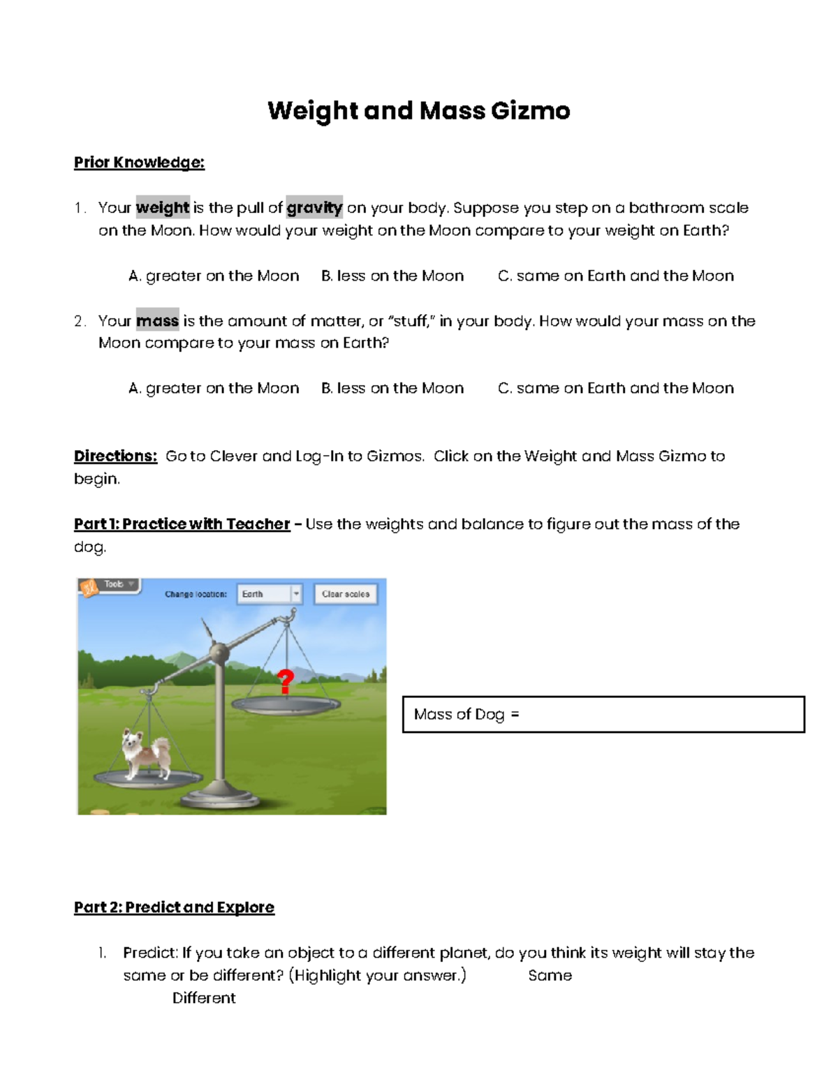 Copy of Explore Weight and Mass Gizmo - Weight and Mass Gizmo Prior ...