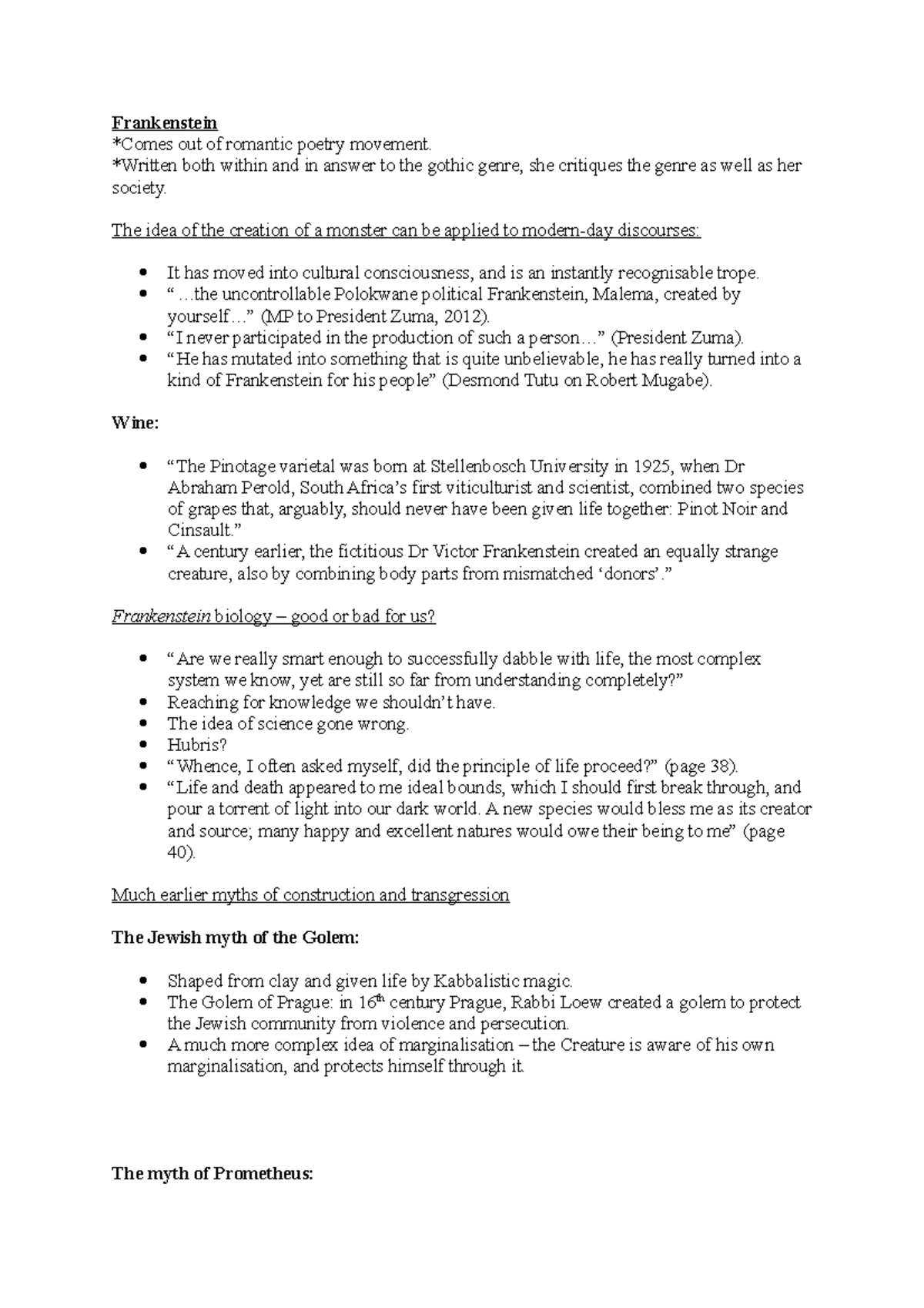 Frankenstein - Lecture notes All - Frankenstein *Comes out of romantic ...