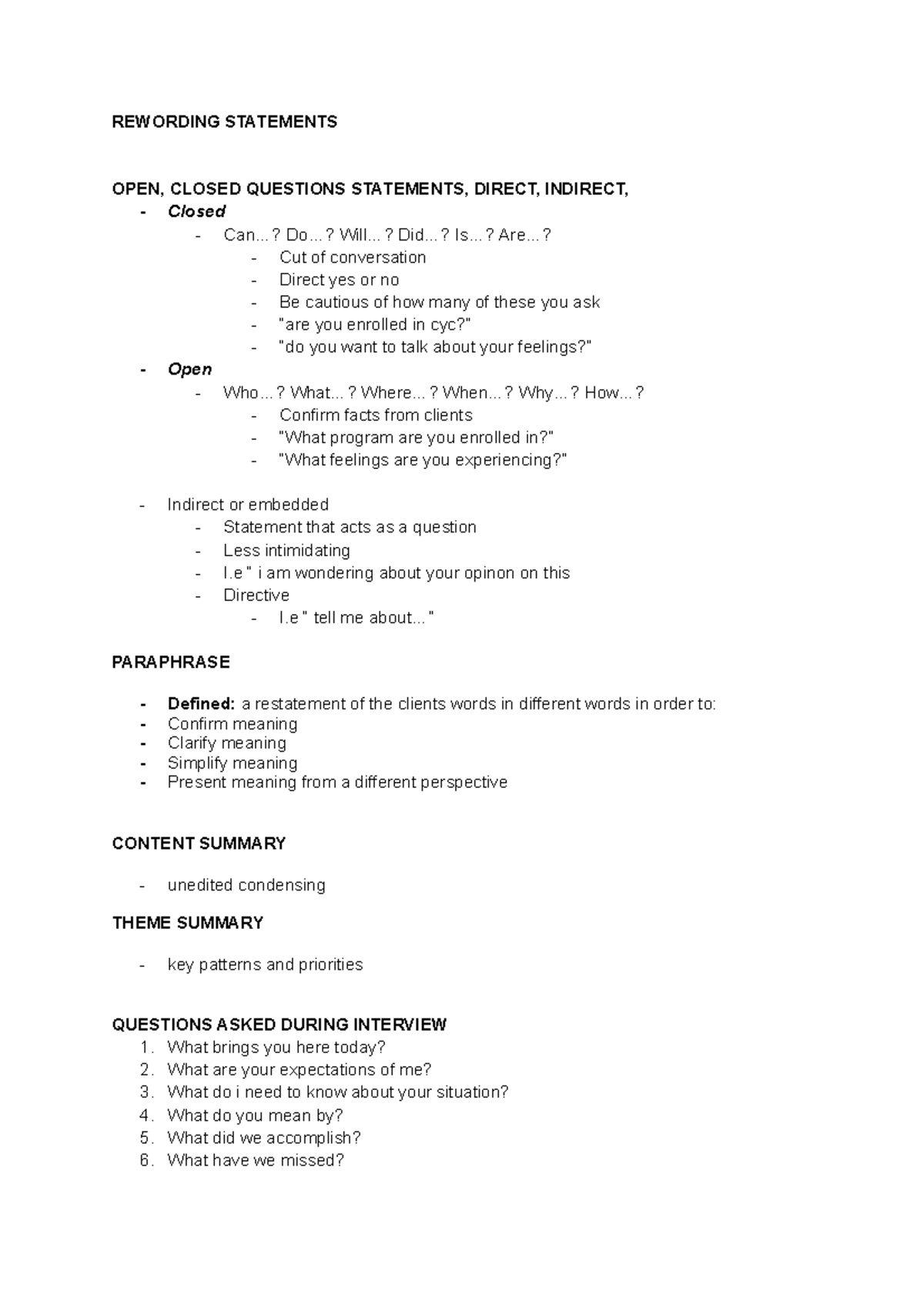 Couns MID TERM - class notes - REWORDING STATEMENTS OPEN, CLOSED ...