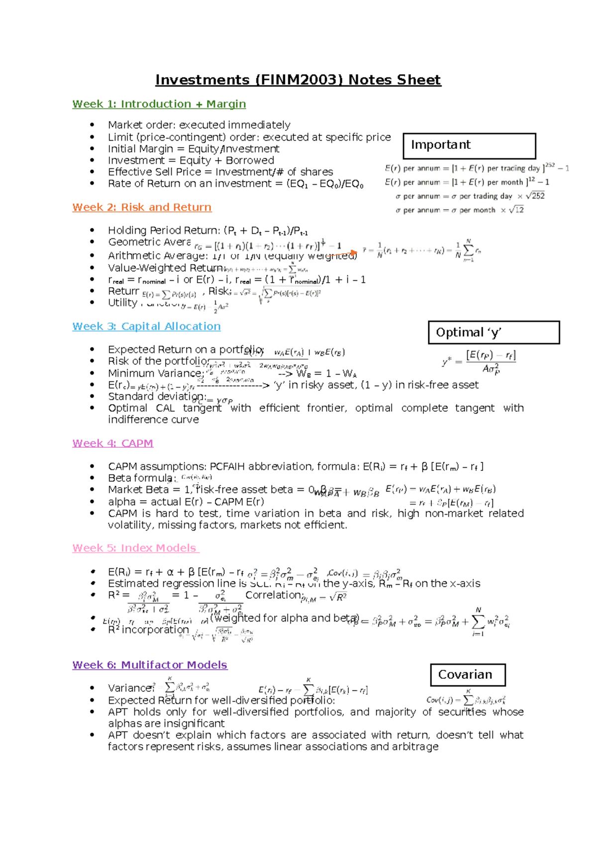 Investments Formula Sheet - Investments (FINM2003) Notes Sheet Week 1 ...