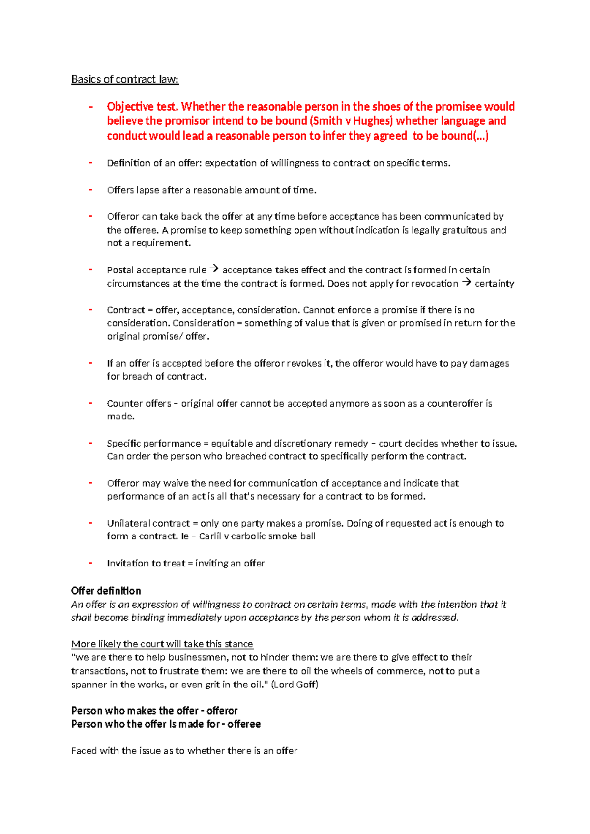 1st contract exam cheat sheet - Basics of contract law: Objective test ...