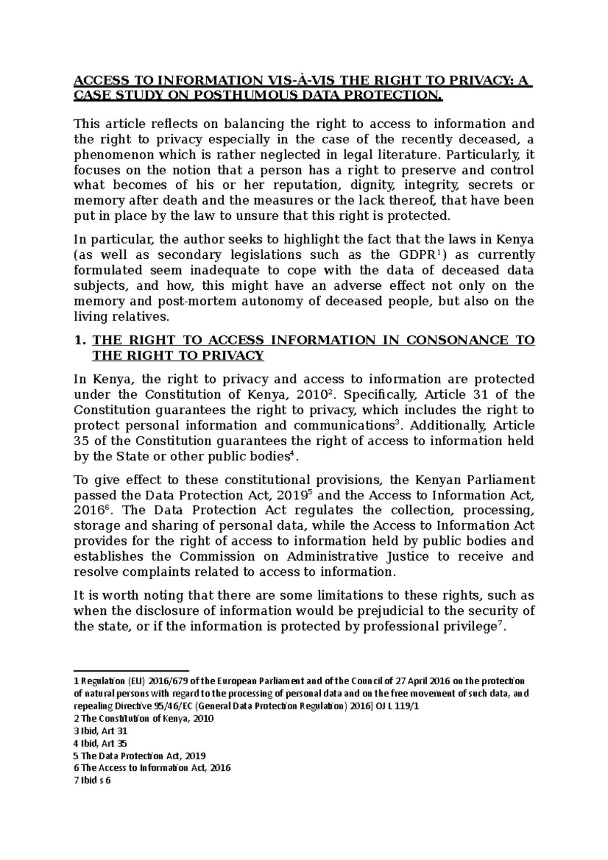 DATA Protection Article - ACCESS TO INFORMATION VIS-À-VIS THE RIGHT TO ...