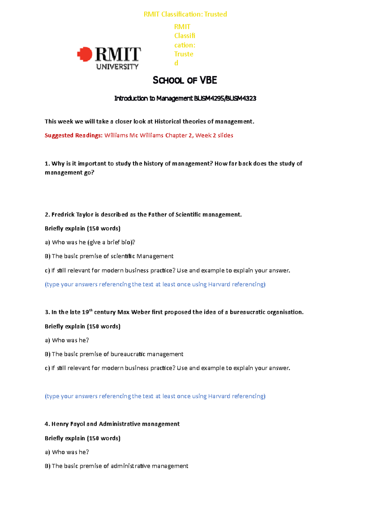 Week 2 Activity Questions-1 - SCHOOL OF VBE Introduction to Management ...