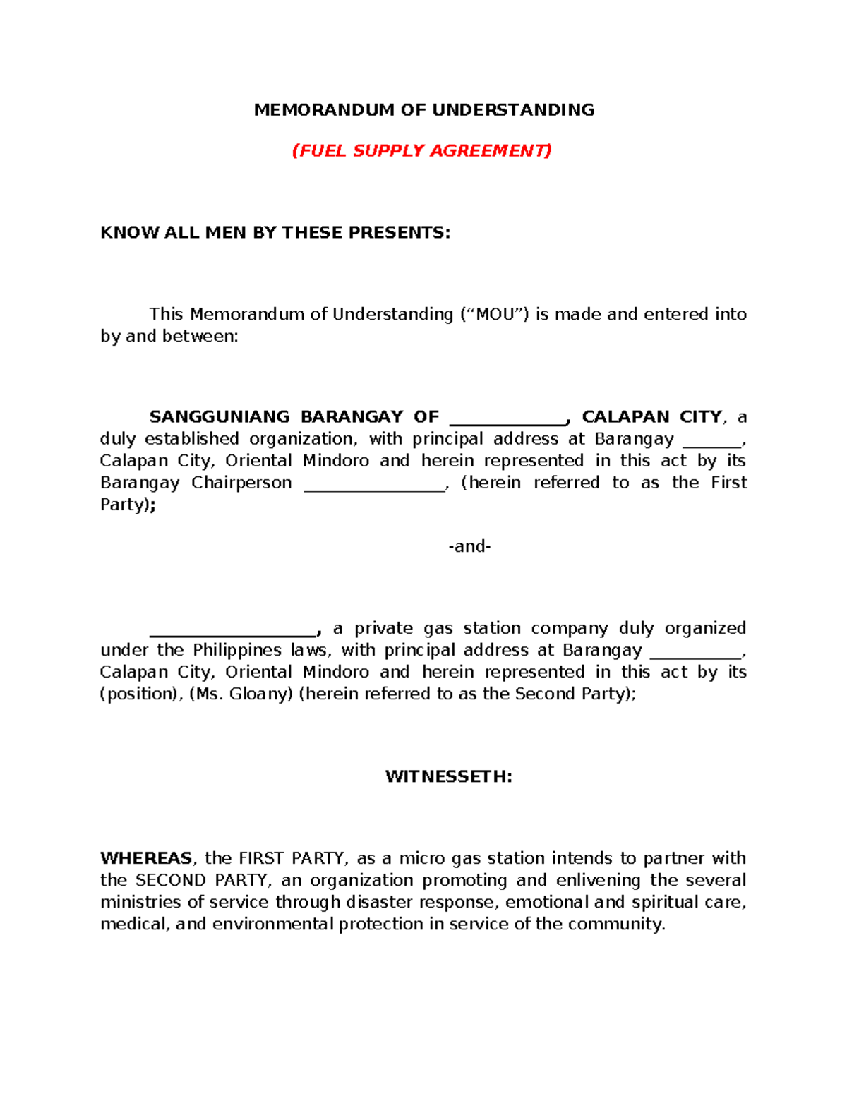 Memorandum-OF- Understanding gasoline (Auto Recovered) - MEMORANDUM OF ...