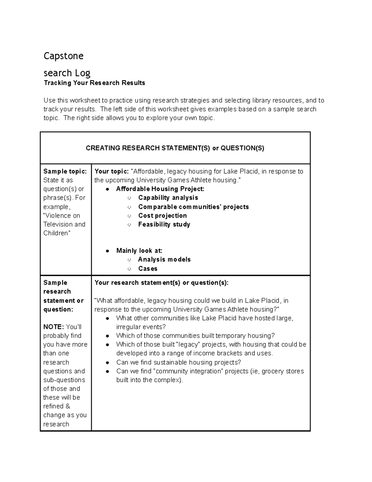 Research Log - The left side of this worksheet gives examples based on ...