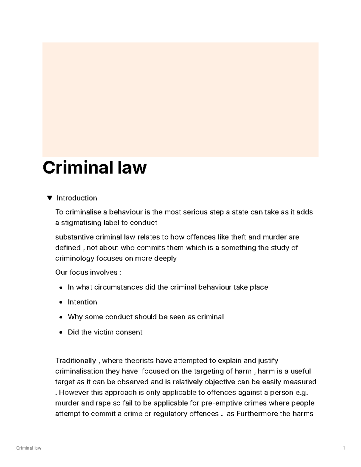 Criminal law - Notes on crim - Criminal law Introduction To criminalise ...