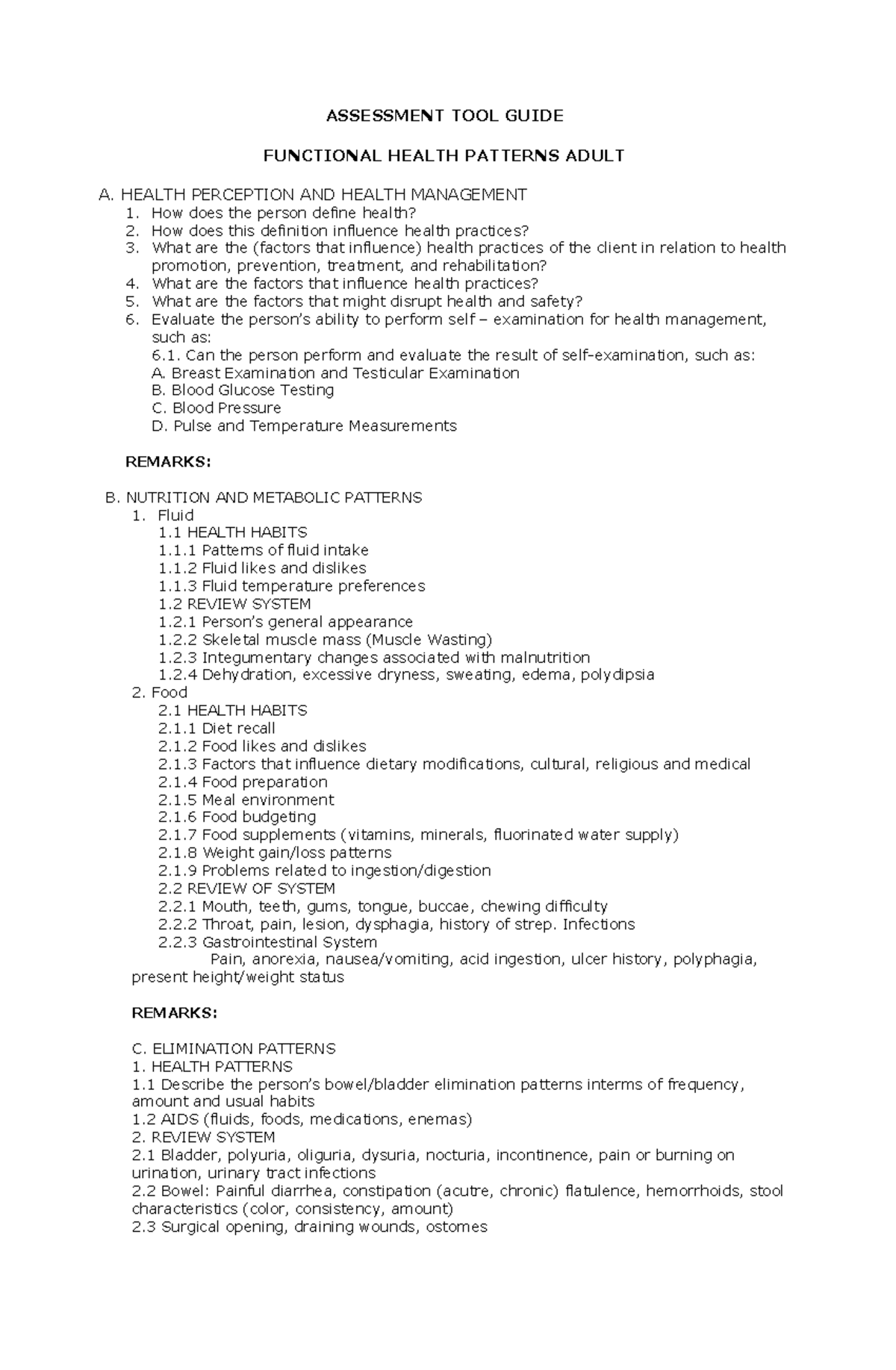 Assessment TOOL Guide Adult - ASSESSMENT TOOL GUIDE FUNCTIONAL HEALTH ...