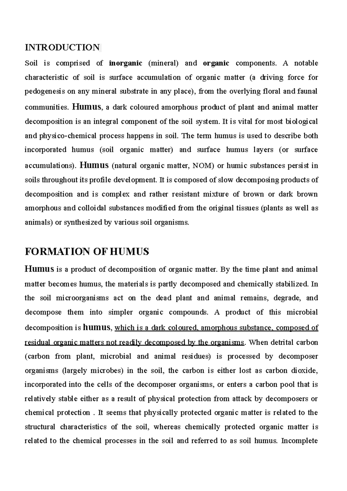 Formation OF Humus - INTRODUCTION Soil is comprised of inorganic ...