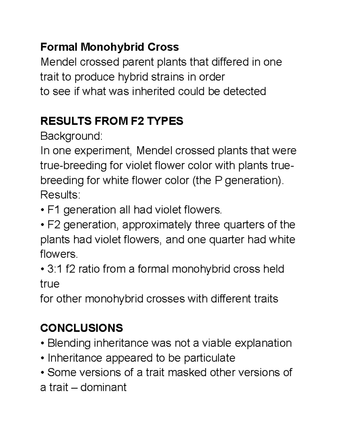 BIOL 1345 Module 10 Mendelian Genetics - Formal Monohybrid Cross Mendel ...