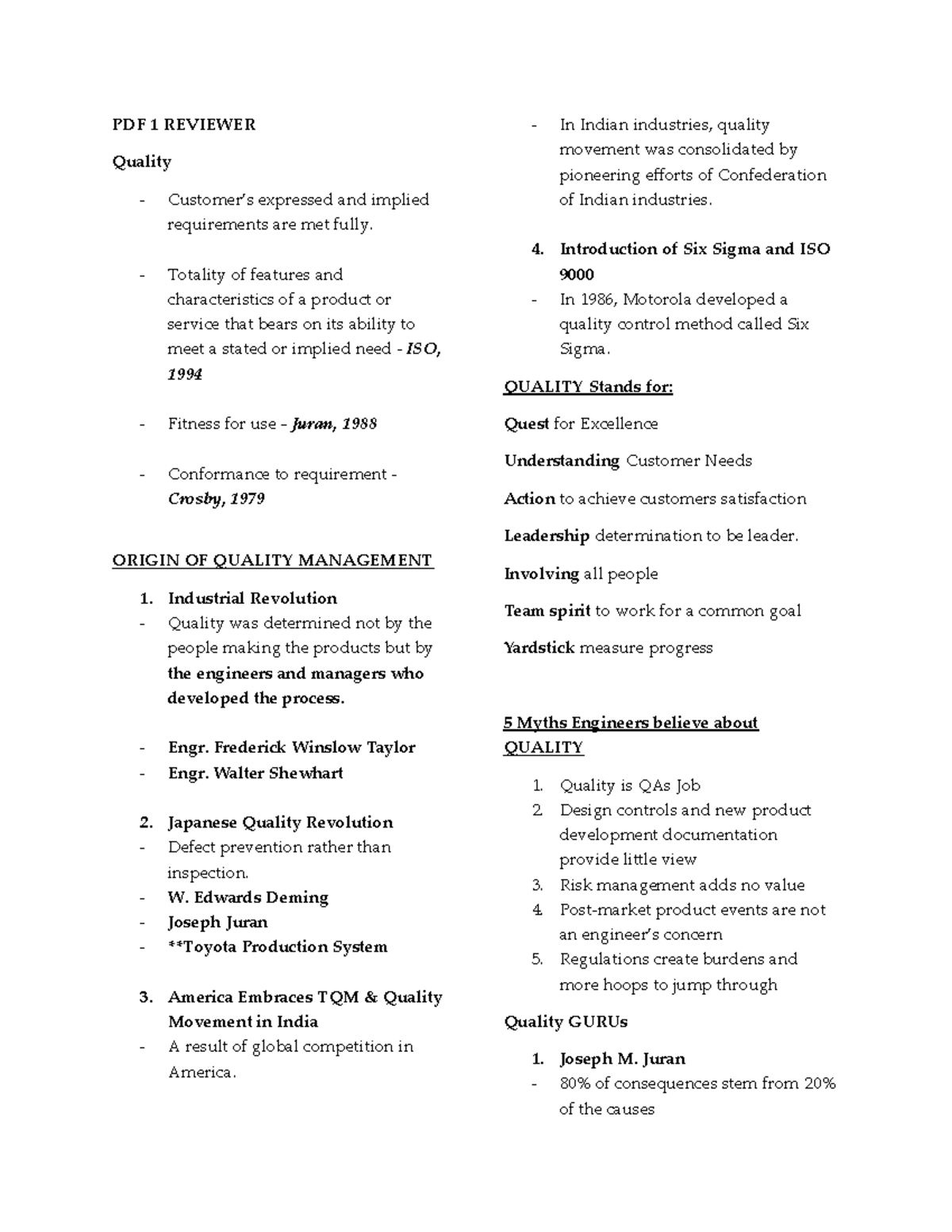 PDF 1 Reviewer QMS - QMS - PDF 1 REVIEWER Quality - Customer’s ...