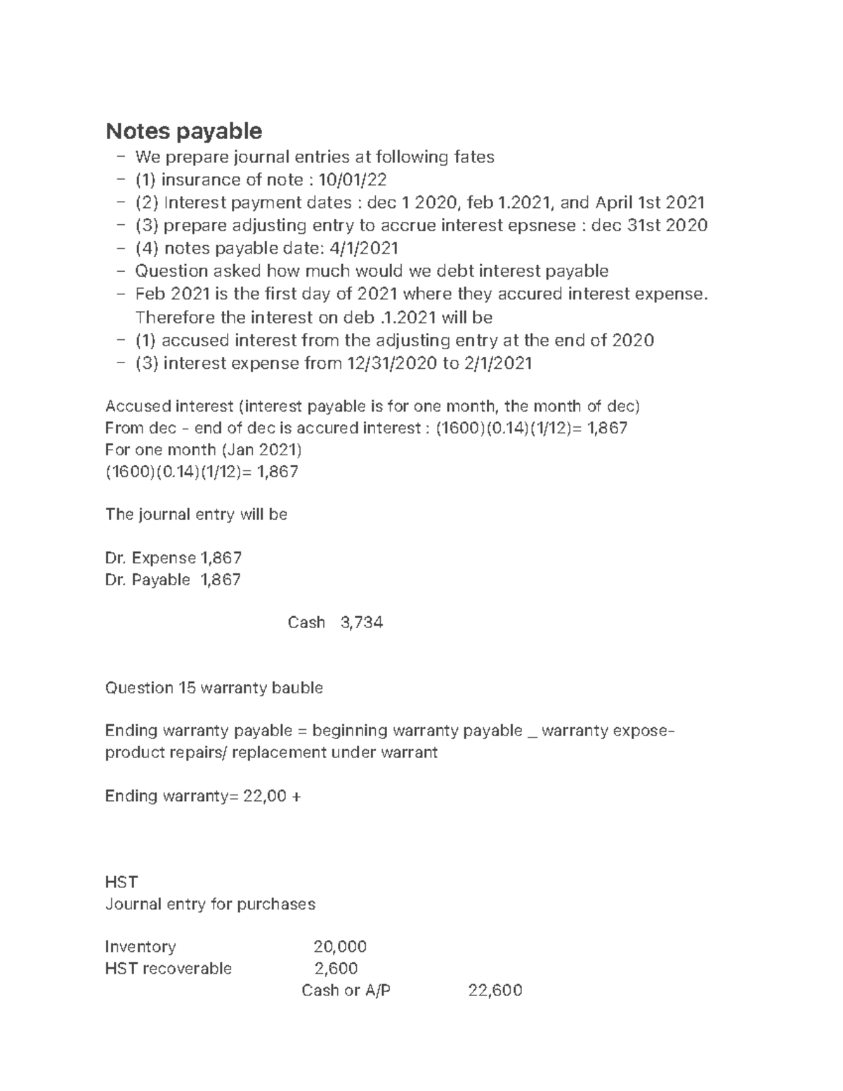 Notes payable -notes - – – – – – – – – – Notes payable We prepare ...